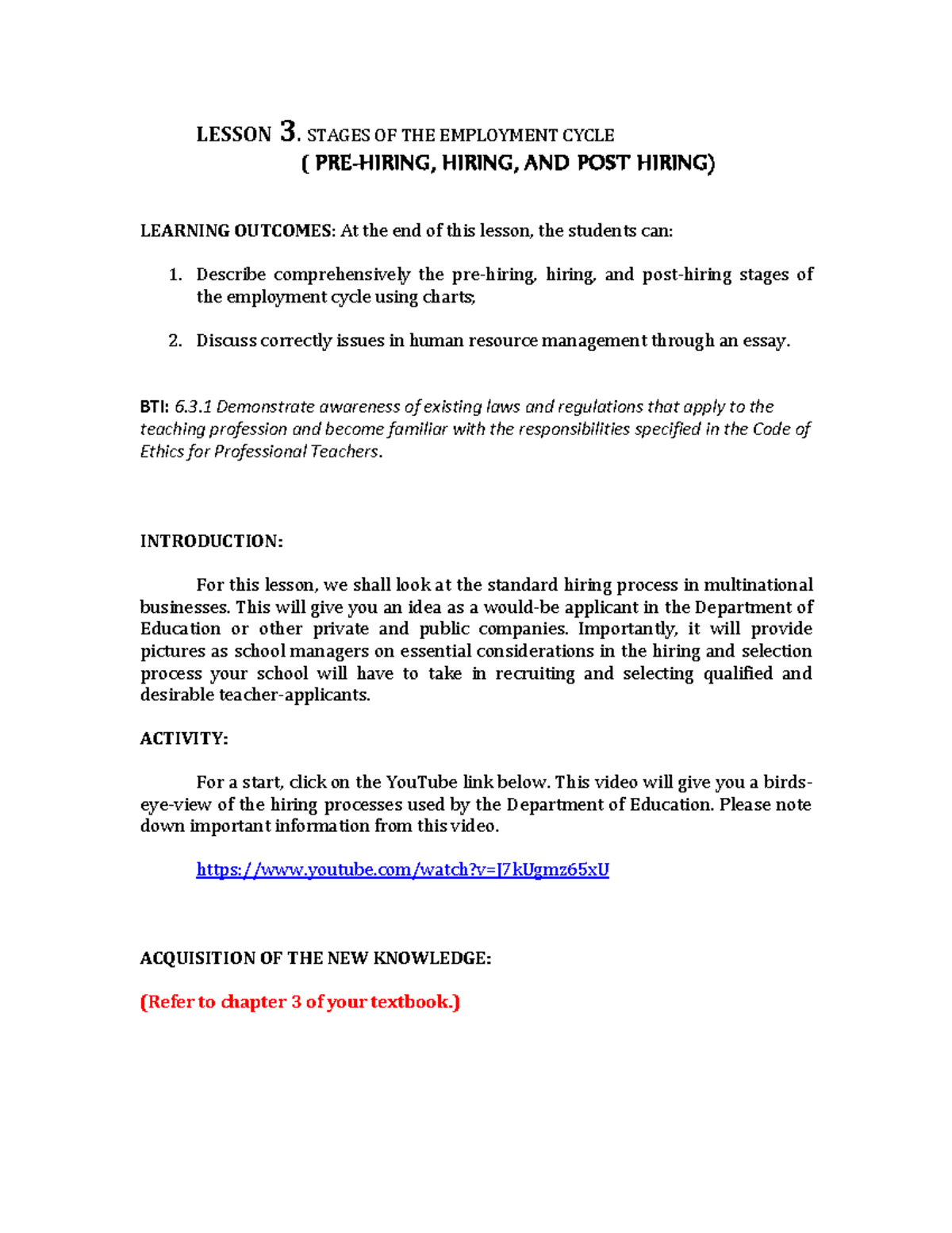 Lesson 3 - It presents the activities for the pre-hiring, hiring and ...