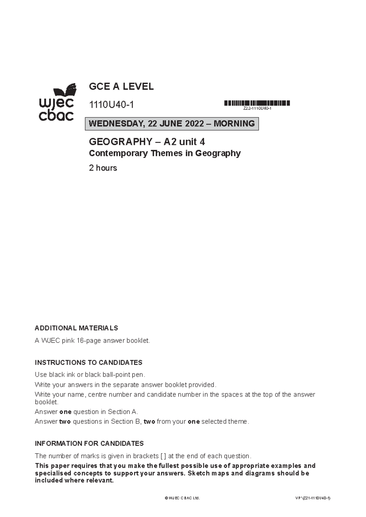 Geography unit 4 2022 QP - ADDITIONAL MATERIALS A WJEC pink 16-page ...