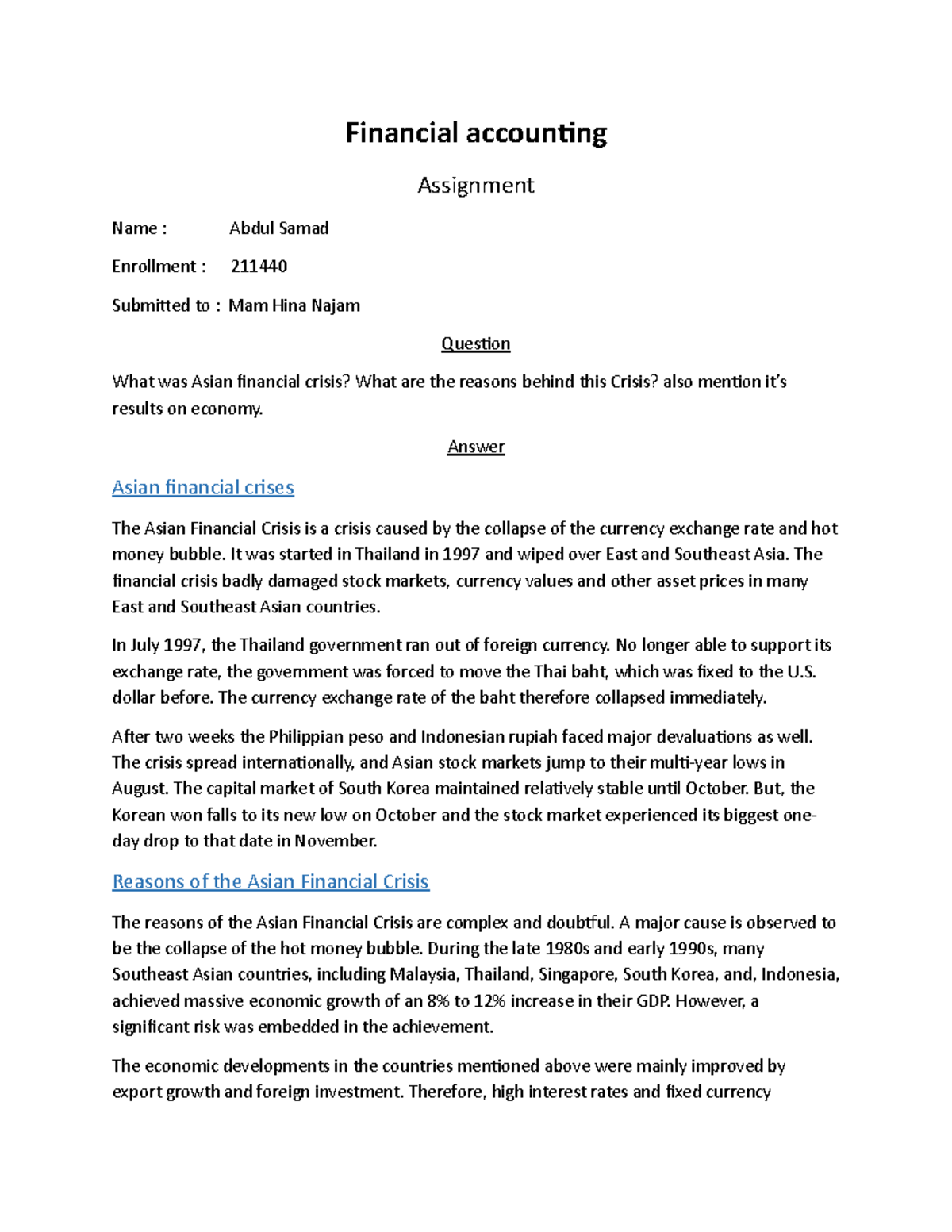 Accounting assignment - Financial accounting Assignment Name : Abdul ...
