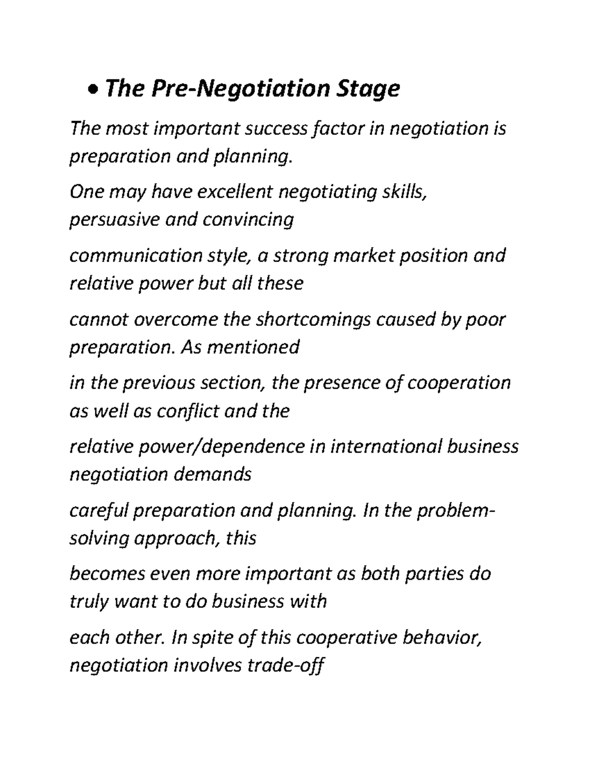 Business management prectice notes 8 - • The Pre-Negotiation Stage The ...