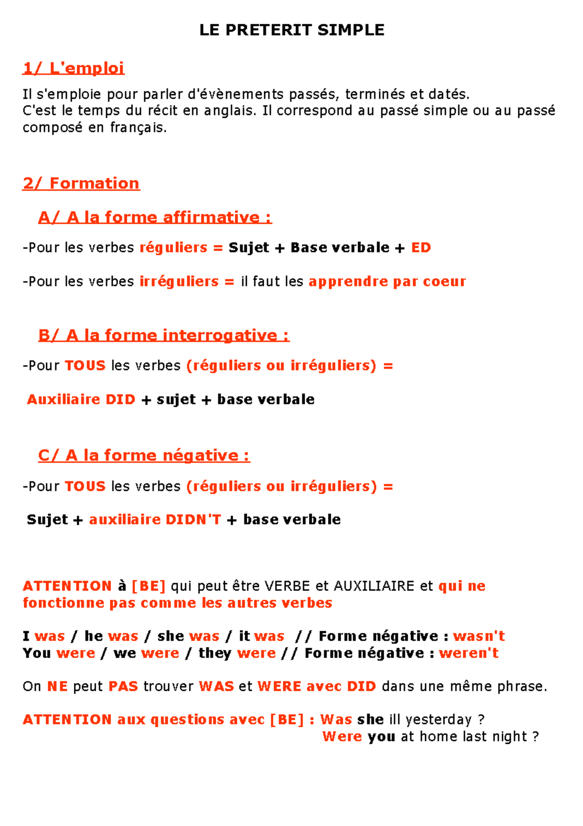 le preterit simple - LE PRETERIT SIMPLE 1/ L'emploi Il s'emploie pour ...