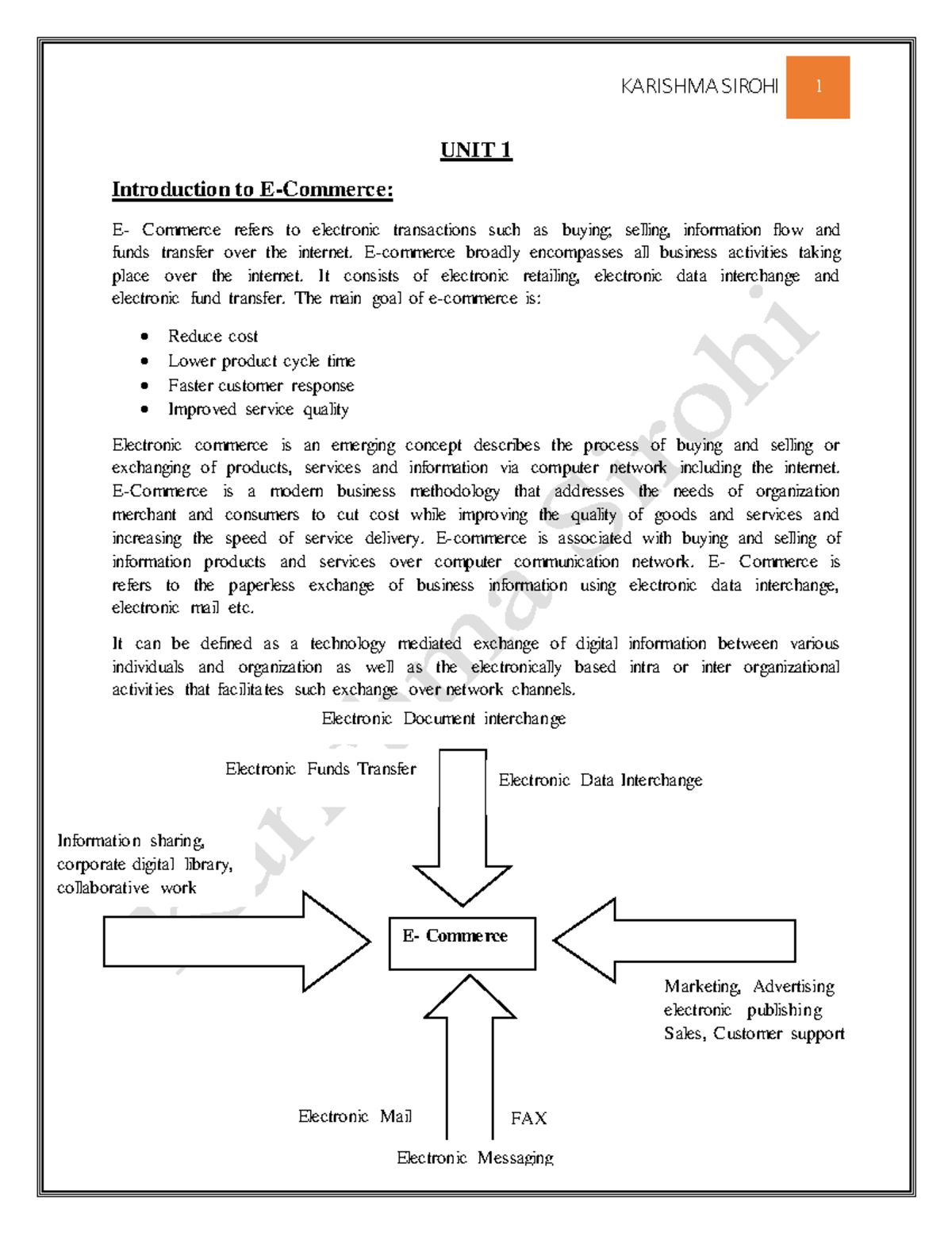 Ecommerce notes - UNIT 1 Introduction to E-Commerce: E- Commerce refers ...