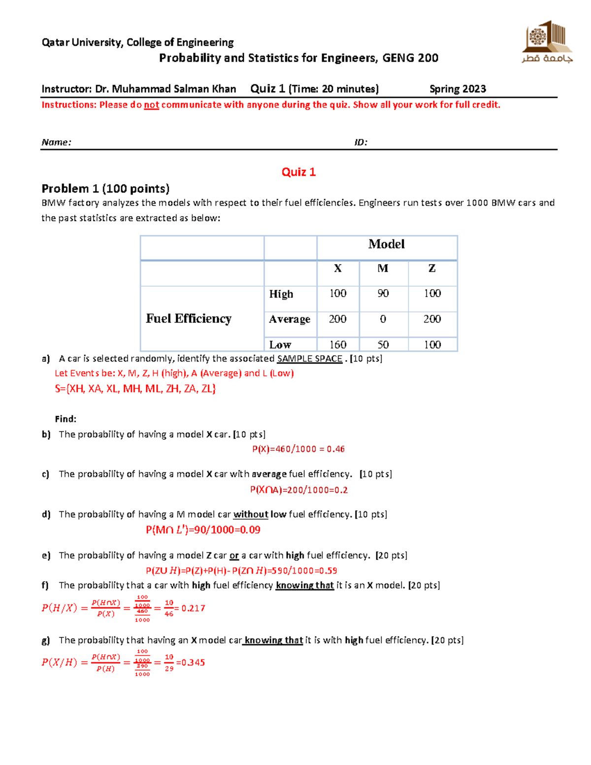 Quiz 1 Spring 2023 Key - Qatar University, College of Engineering Probability and Statistics for ...