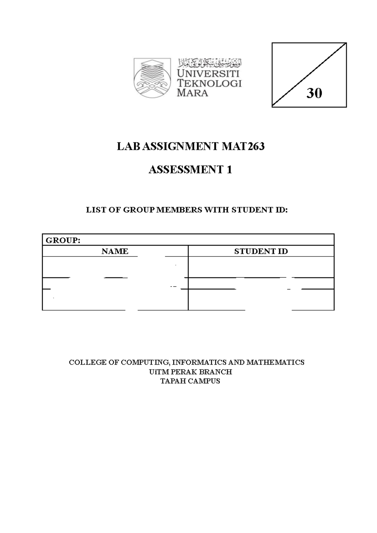 LAB Assignment MAT 263 - 30 LAB ASSIGNMENT MAT ASSESSMENT 1 LIST OF ...