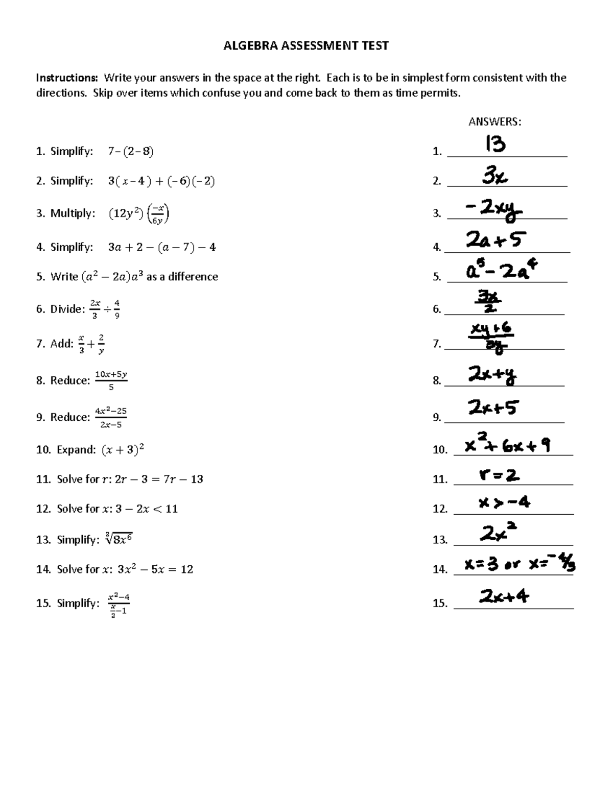 Assessment Quiz Solutions - ALGEBRA ASSESSMENT TEST Instructions ...