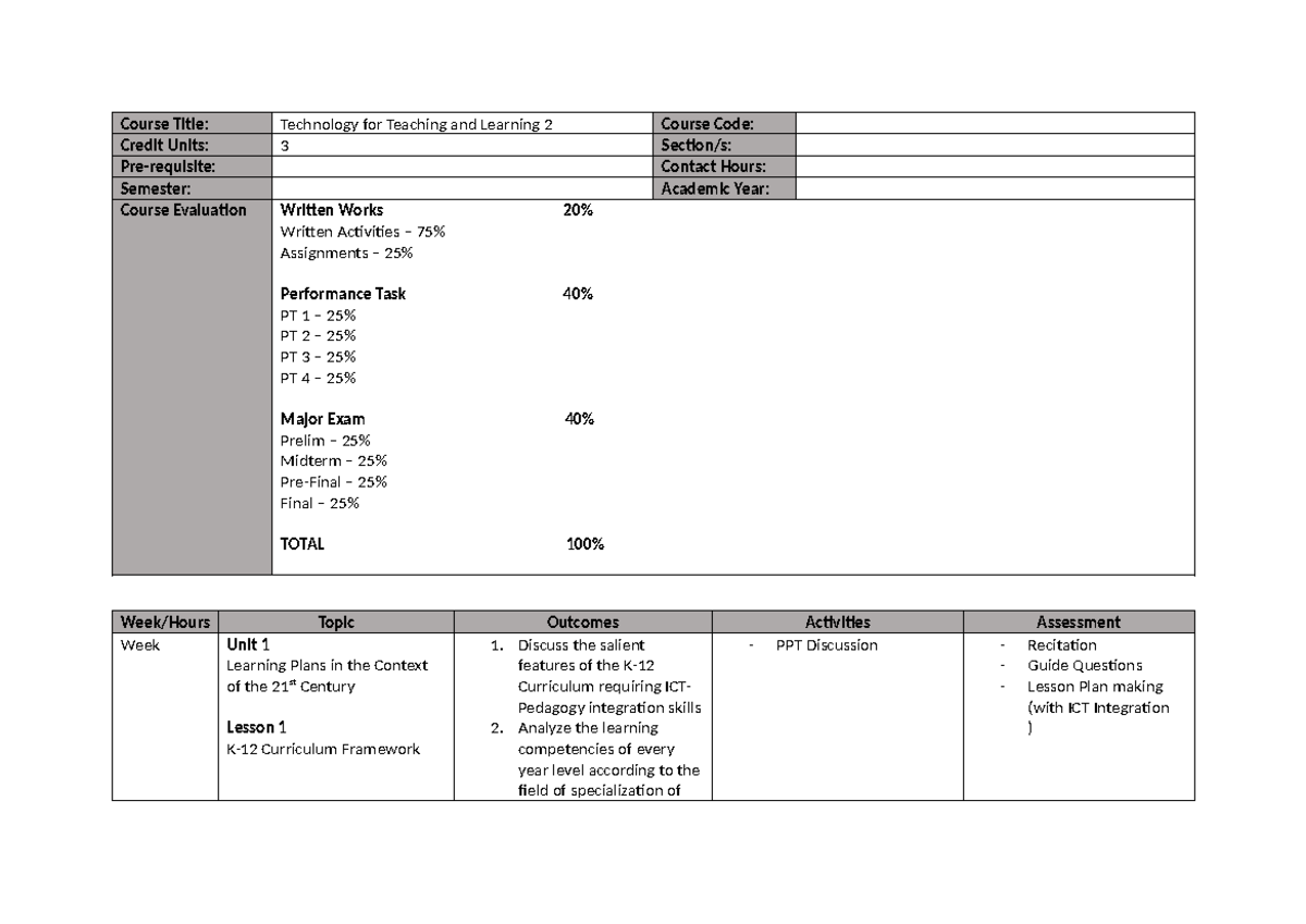 Technology for Teaching and Learning 2 - Course Syllabus - Course Title ...