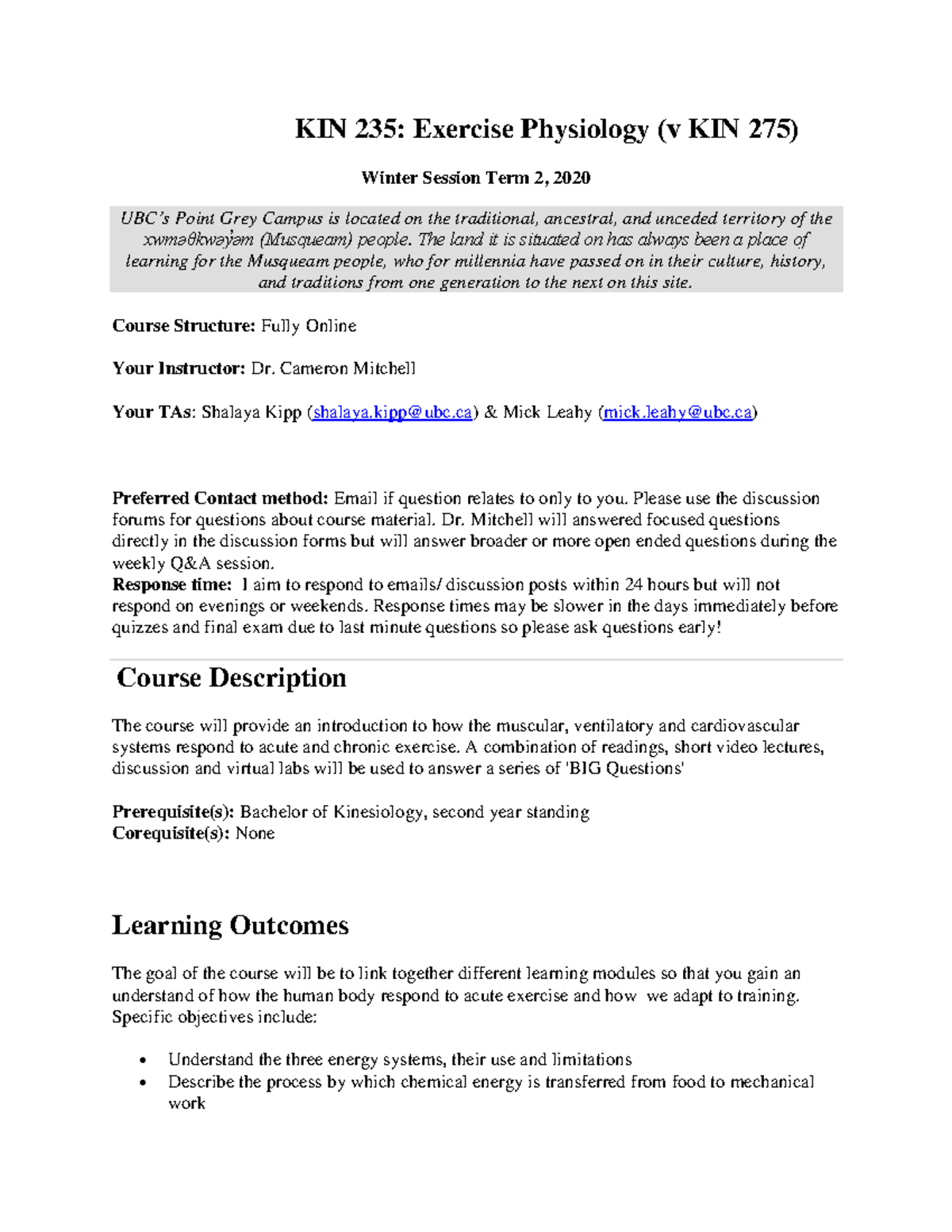 KIN235 - Syllabus for course - KIN 235: Exercise Physiology (v KIN 275 ...