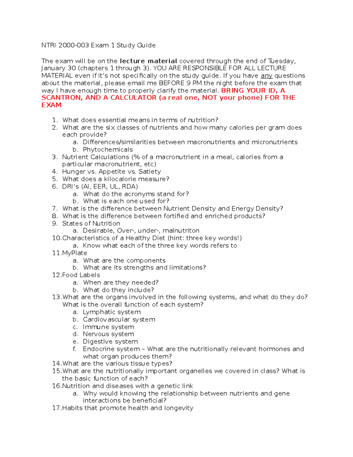 NTRI 2000 - Exam 1 Study Guide - Spring 2018 - NTRI 2000-003 Exam 1 ...