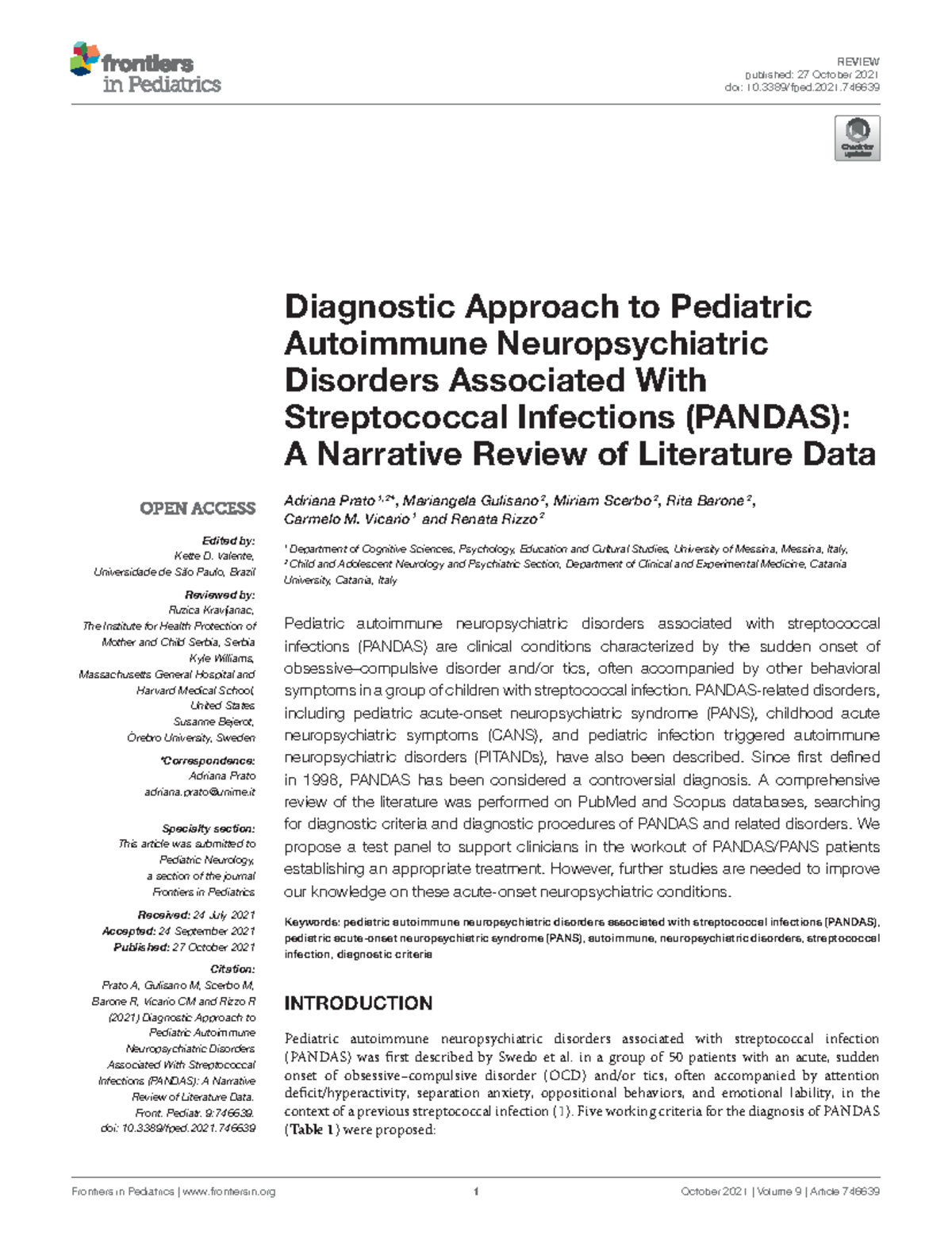 Pandas DX - REVIEW published: 27 October 2021 doi: 10.3389/fped. Edited ...