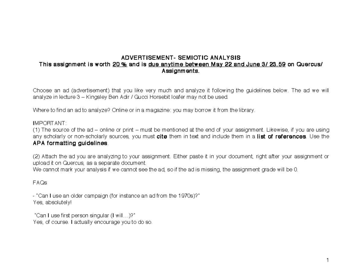 Ad Analysis Assignment Guidelines - 1 ADVERTISEMENT- SEMIOTIC ANALYSIS This assignment is worth ...