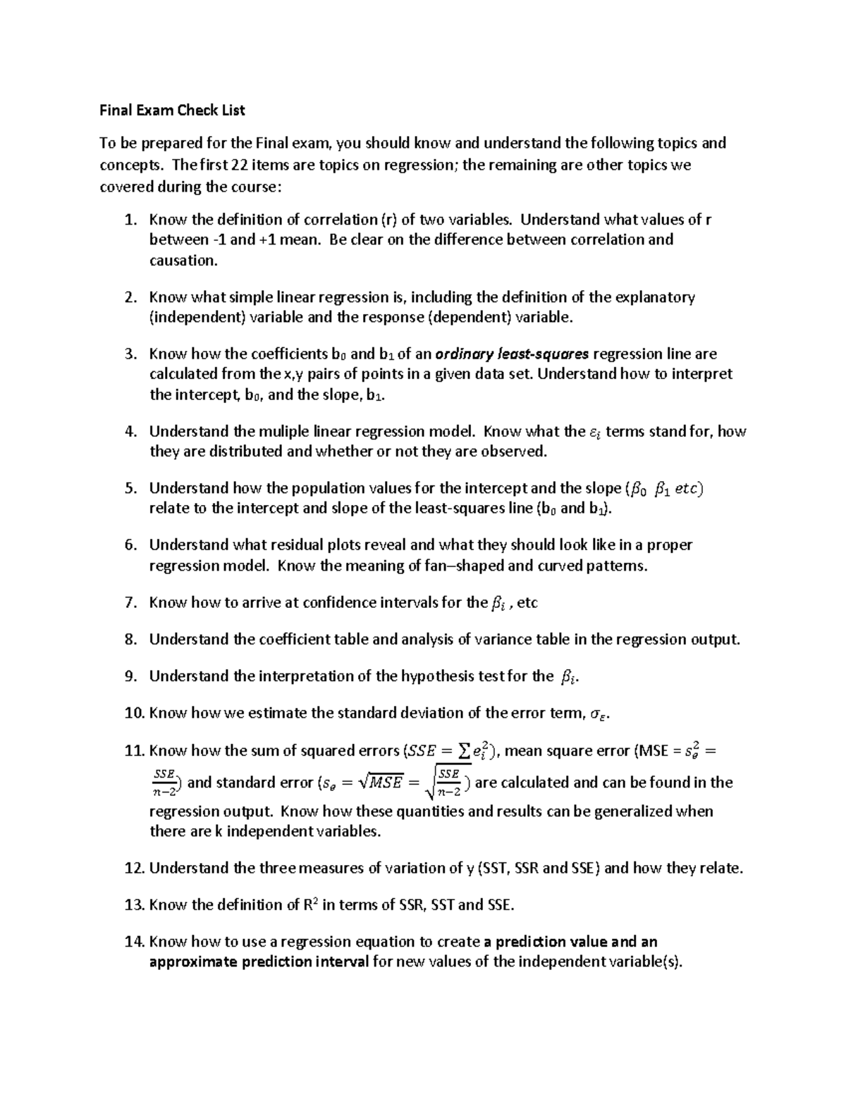 Final Exam Prep Guide - Final Exam Check List To be prepared for the ...