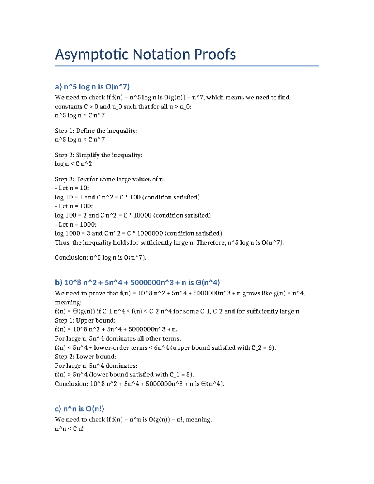 Asymptotic Notation Proofs - Therefore, n^5 log n is O(n^7). Conclusion: n^5 log n is O(n^7). b ...