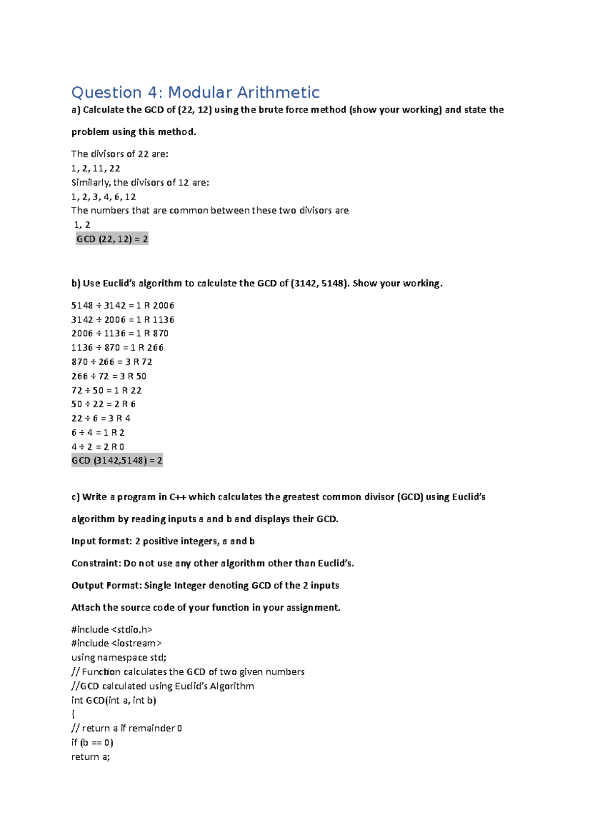 Tutorial questions and answers part 1 - Question 4: Modular Arithmetic ...