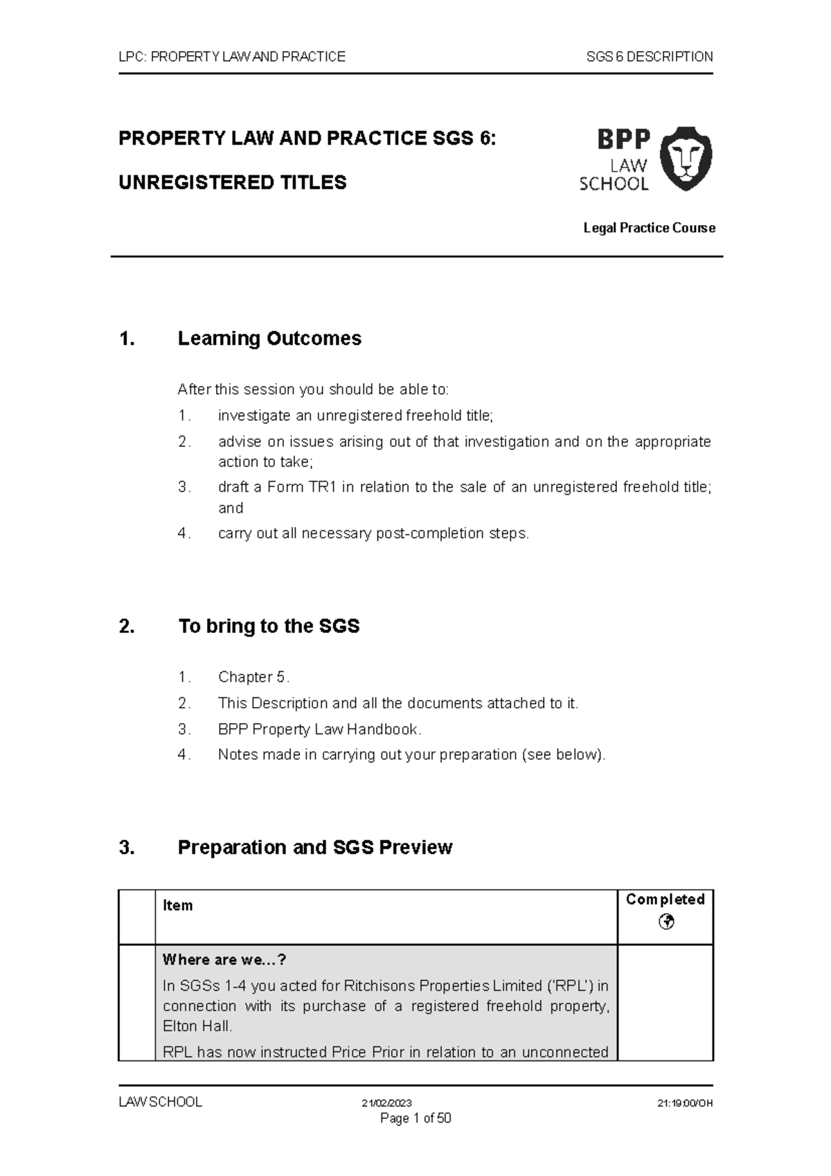 Property SGS 6 Description 2022-23 - LPC: PROPERTY LAW AND PRACTICE SGS ...