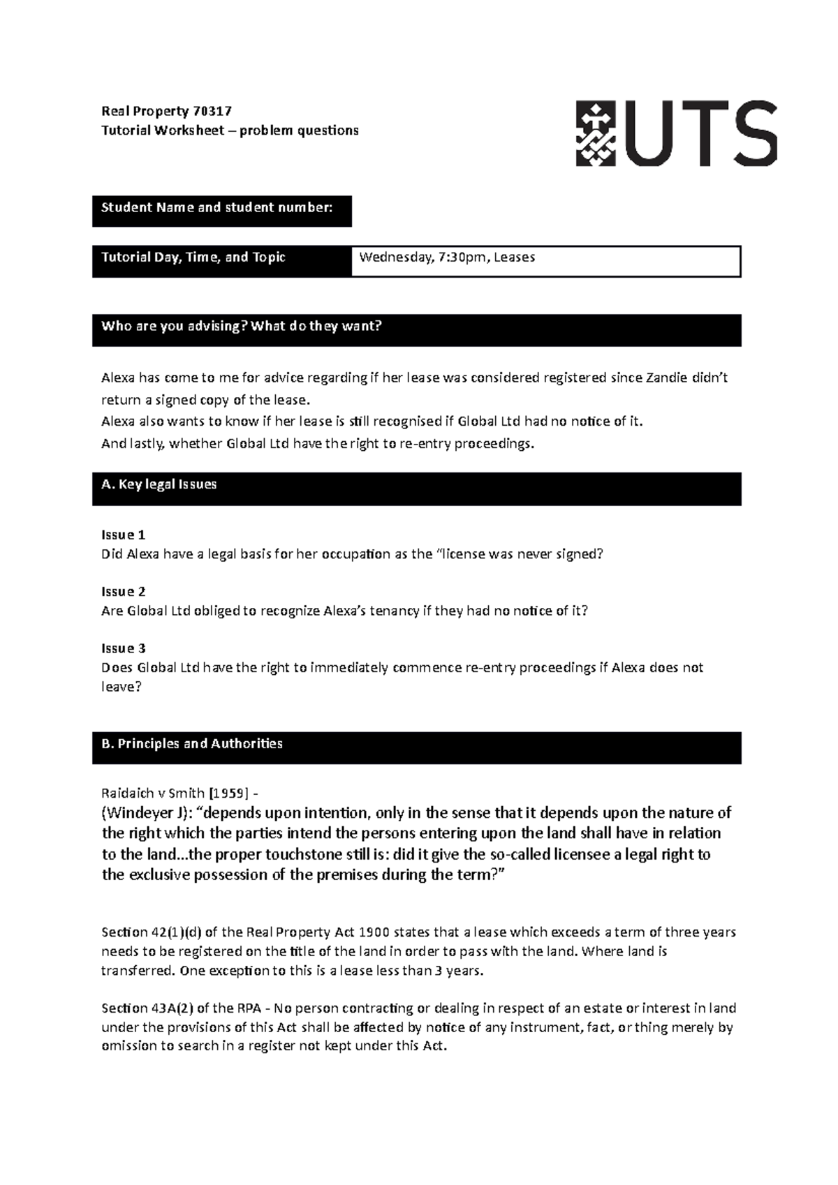 Leases - Real Property 70317 Tutorial Worksheet – problem questions ...