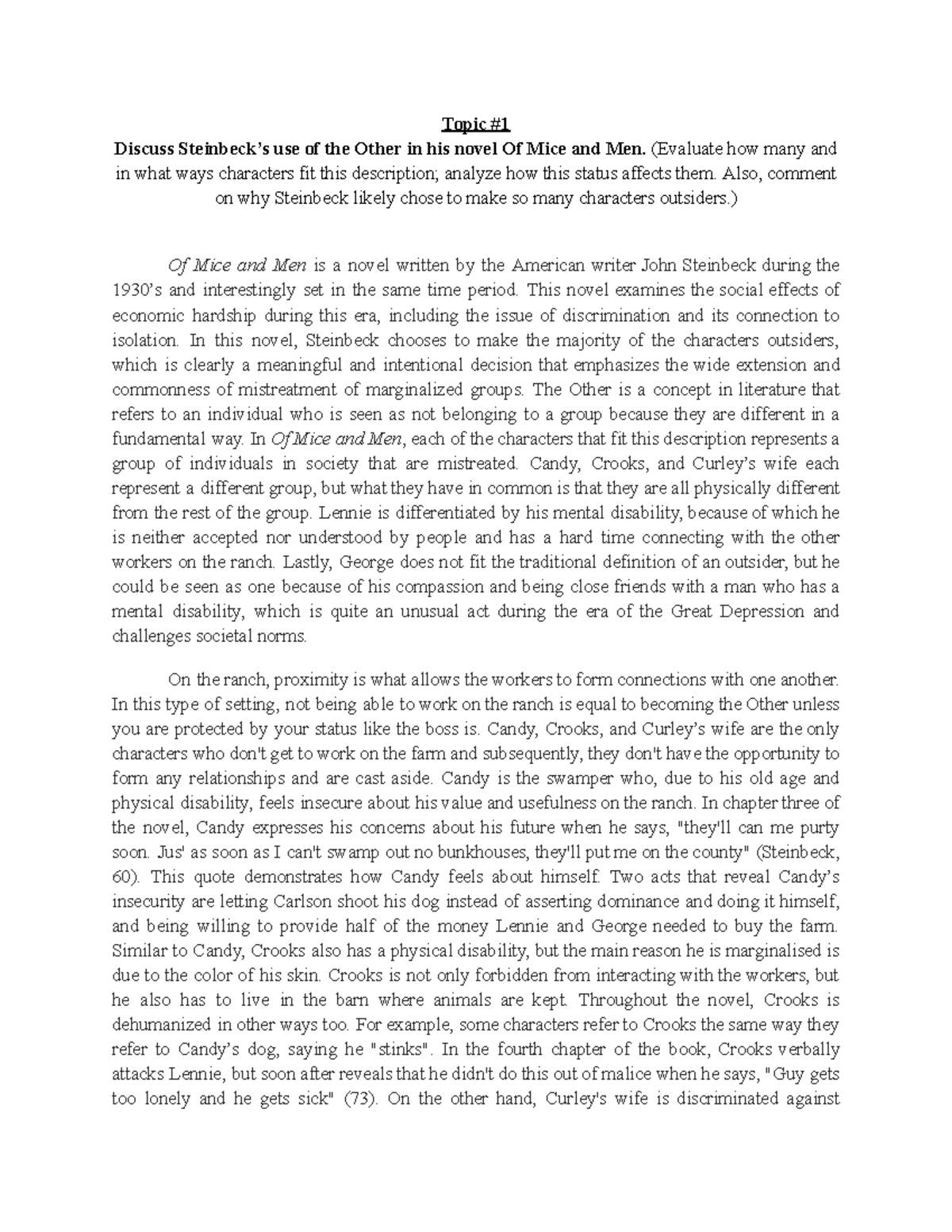 OMAM Essay - Topic # Discuss Steinbeck’s use of the Other in his novel ...