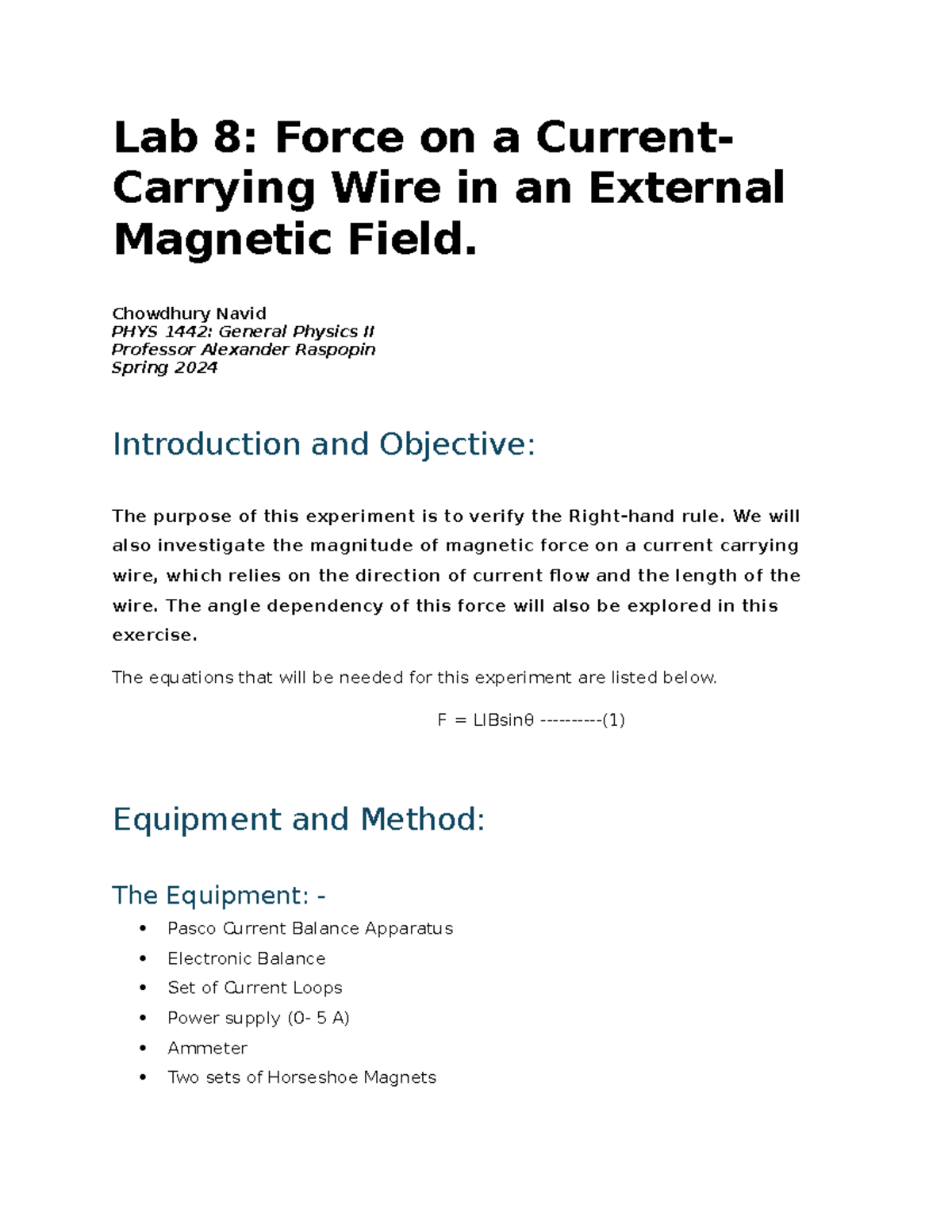Force on a Current Carrying wire in an External Magnetic Field ...