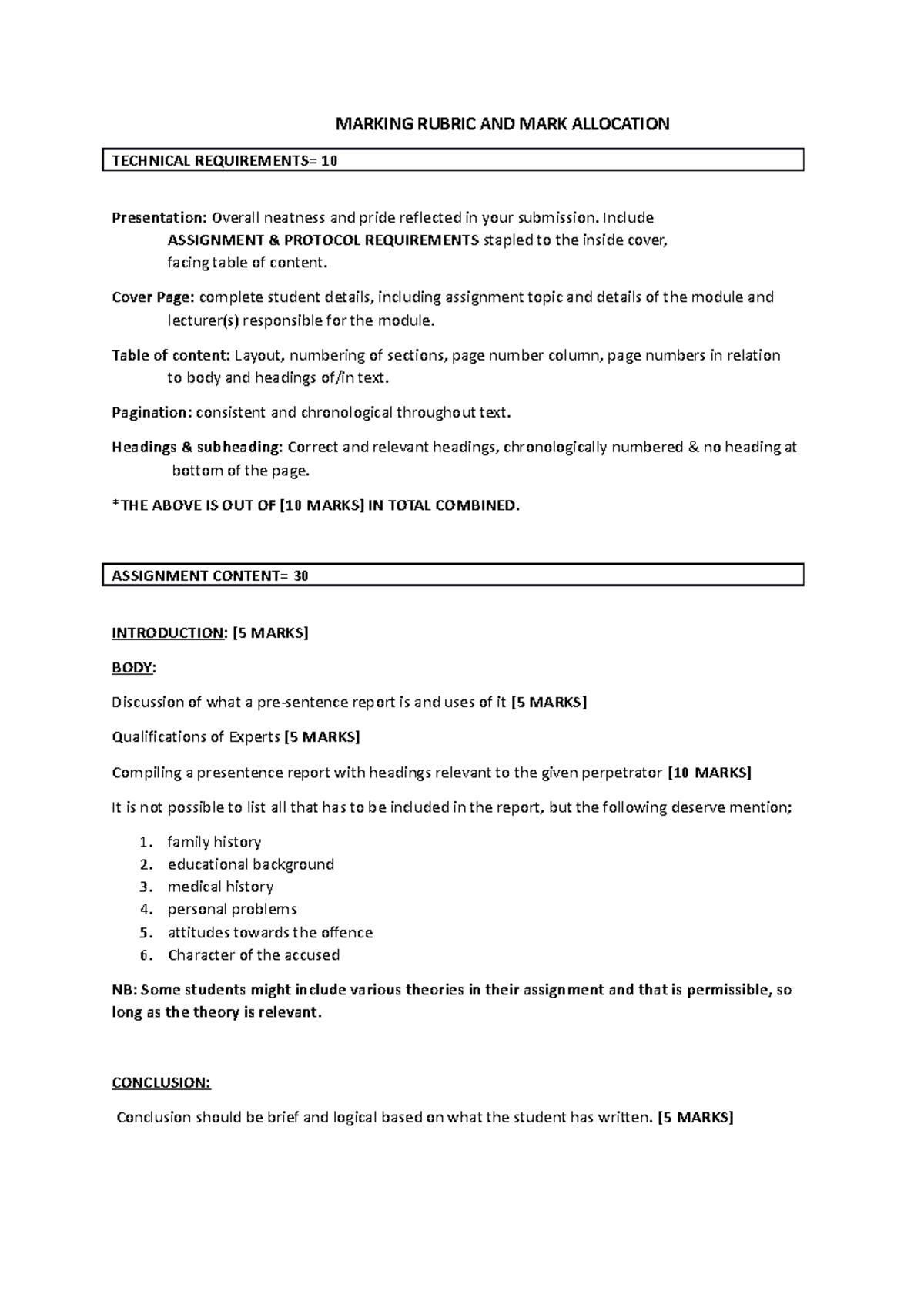 Assignment question and marking rubric 2023 - MARKING RUBRIC AND MARK ...