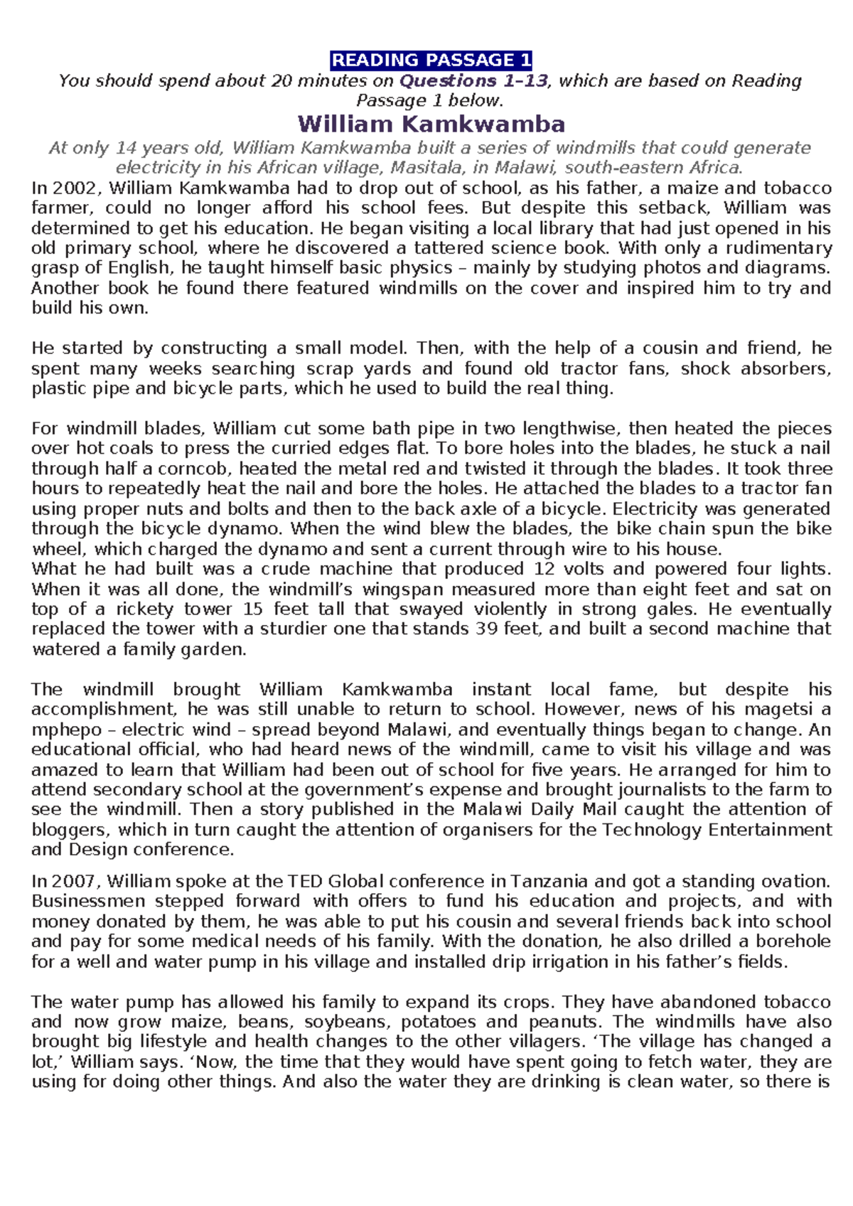 Reading Passage 1 - William Kamkwamba At only 14 years old, William ...