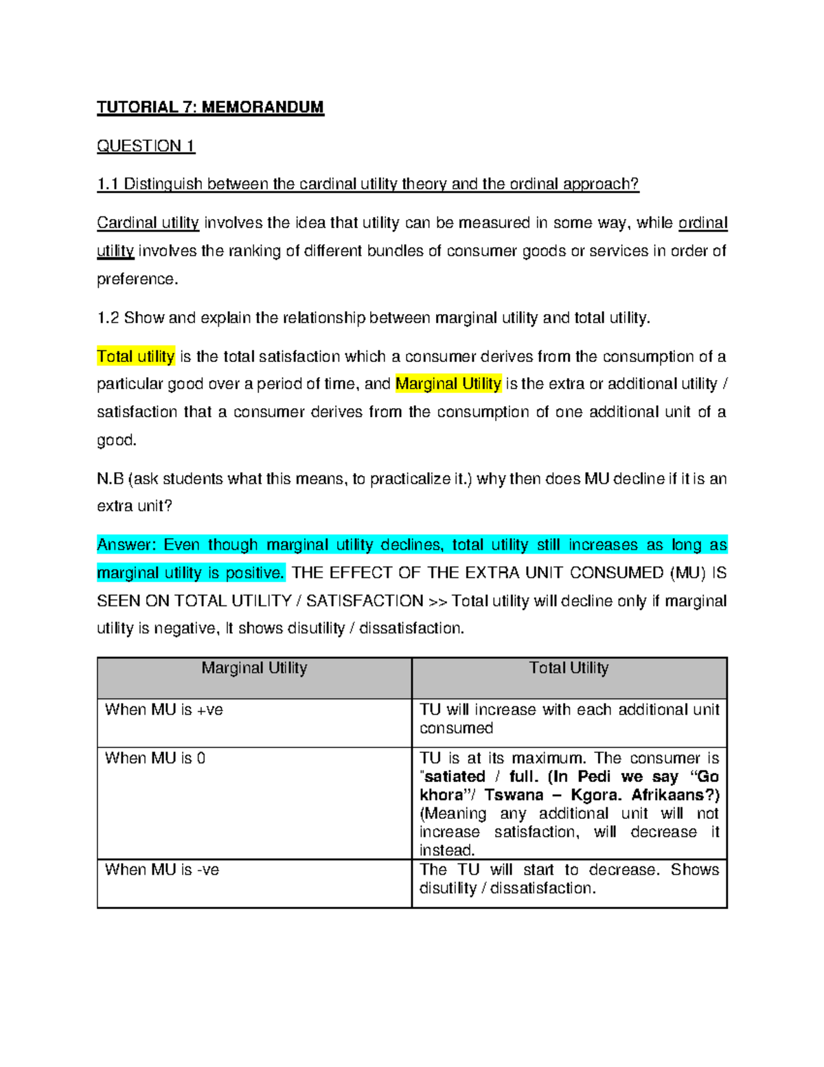 Tutorial 7 Memo Tutorial 7 Memorandum Question 1 1 Distinguish Between The Cardinal Utility