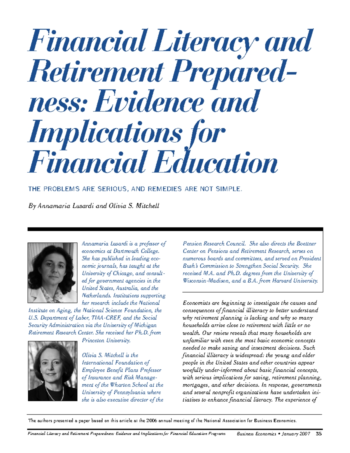 Financial Literacy and Retirement Preparedness Evidence and ...