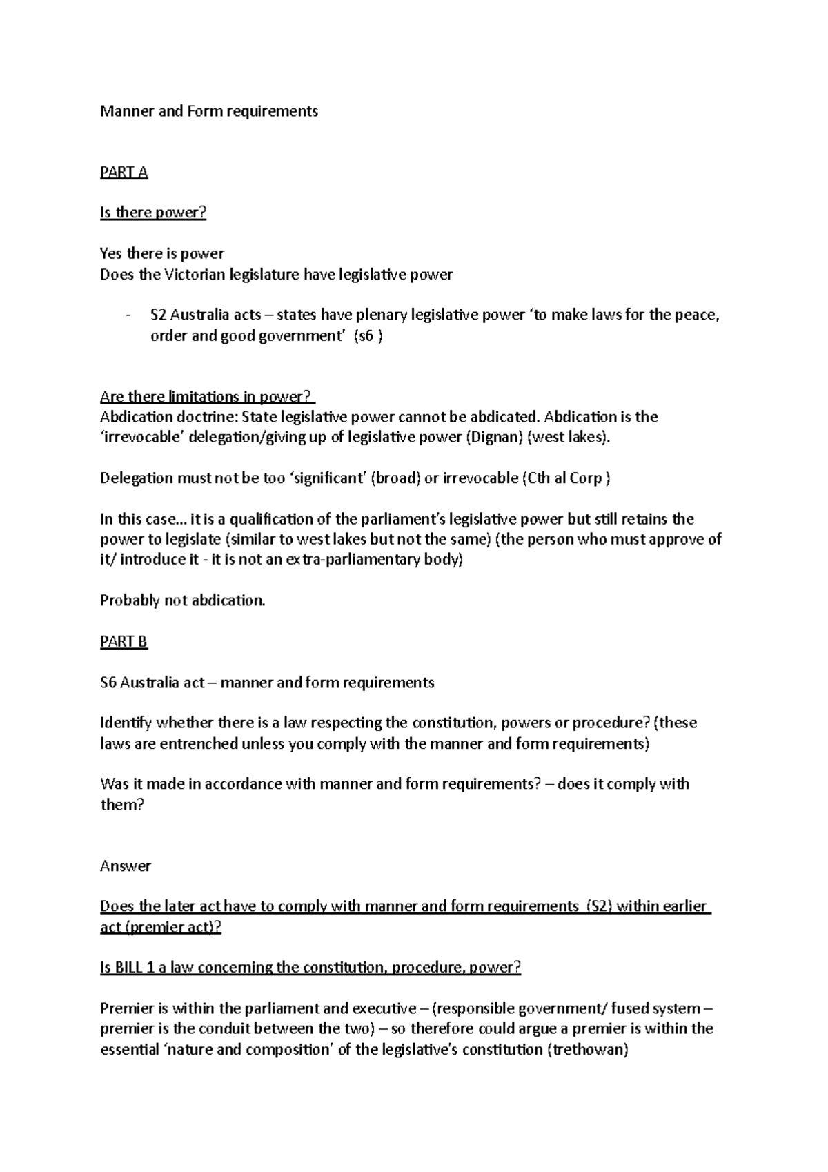 Week 6 tutorial - Manner and Form requirements PART A Is there power ...