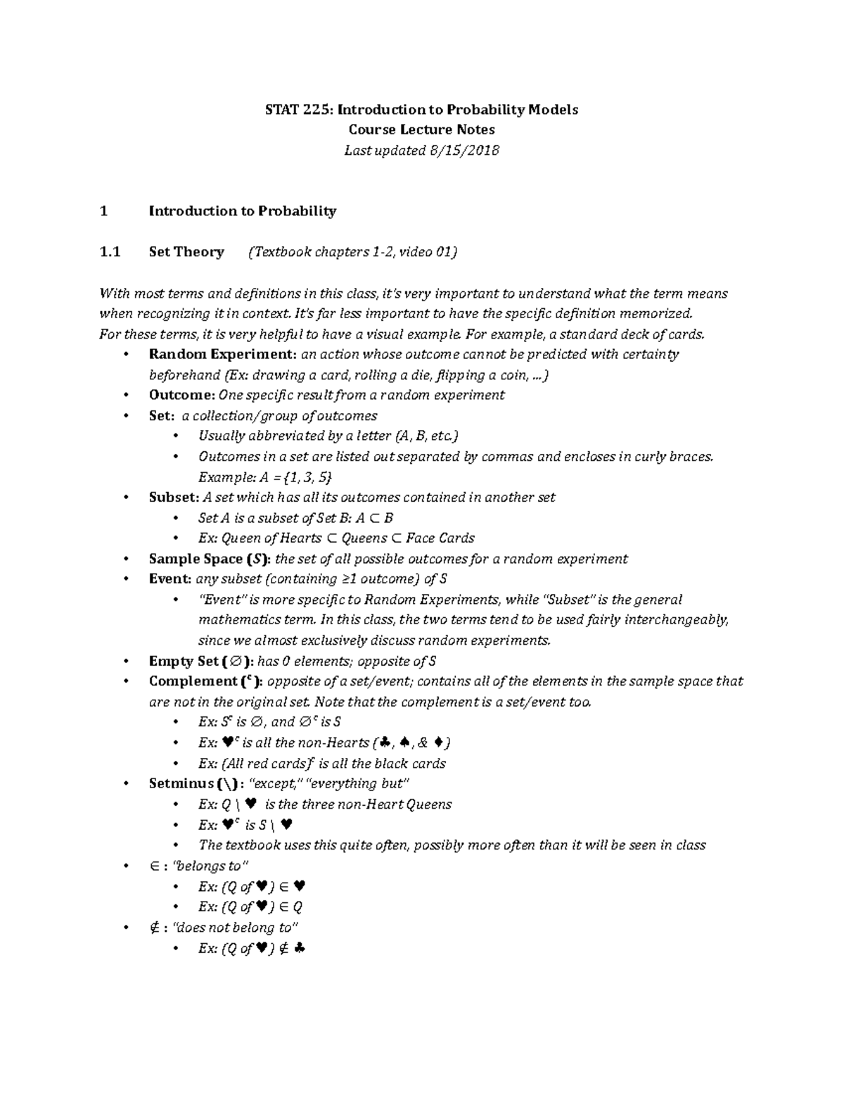 STAT 225 Course Notes 2018-08-15 - STAT 225: Introduction to ...
