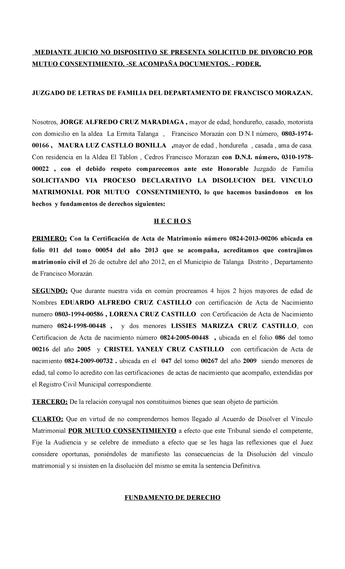 Demanna CON Convenio Regulador DE Jorge Alfredo CRUZ Maradiaga ...