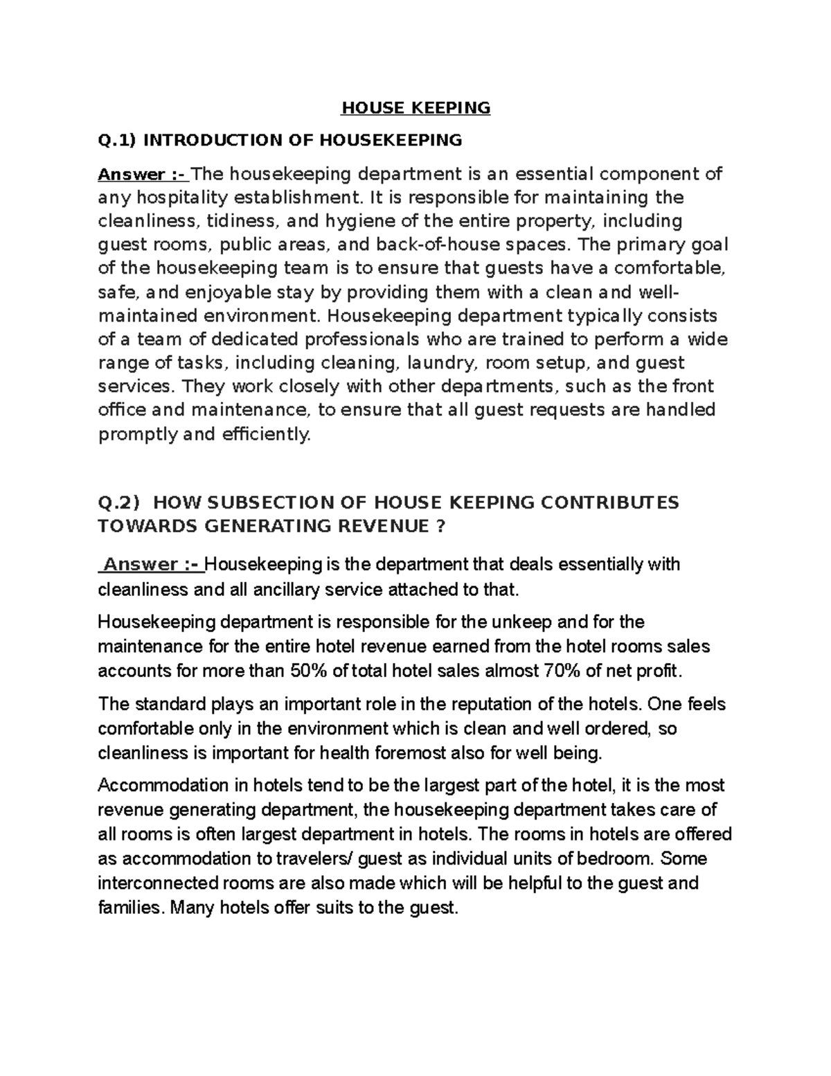 MOHD Okash Housekeeping Assignment - Copy - HOUSE KEEPING Q ...