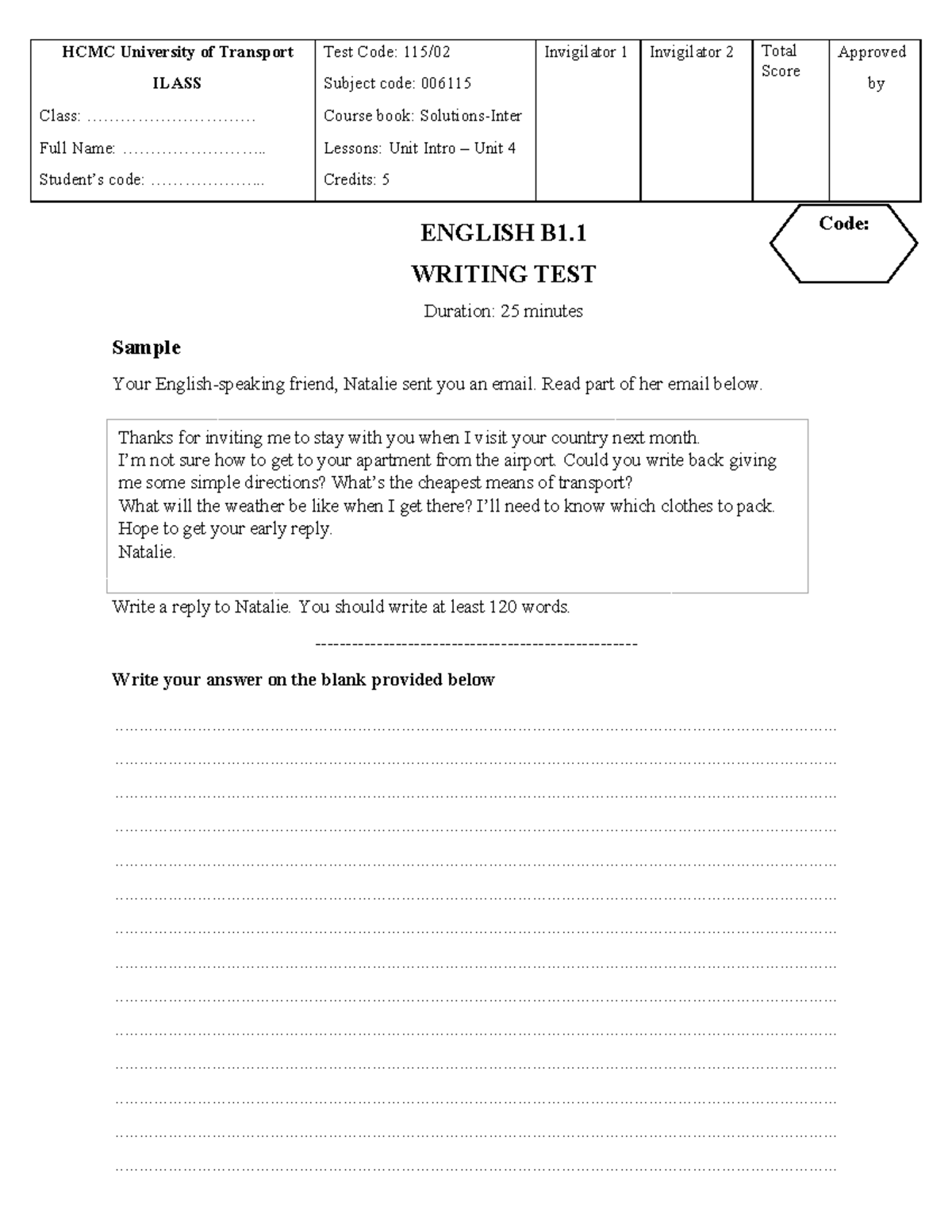 English B1.1 - Writing TEST Format - ENGLISH B1. WRITING TEST Duration ...