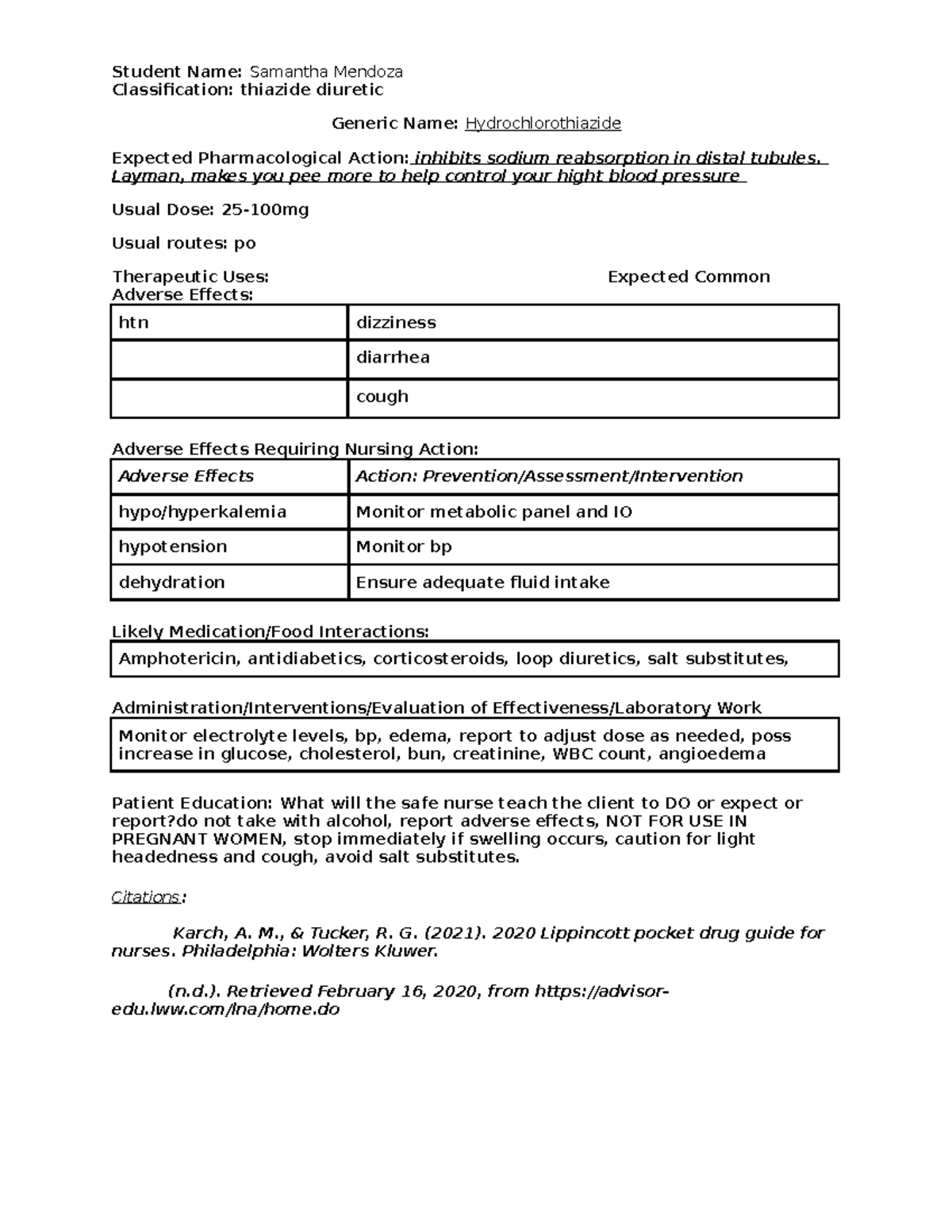 HCTZ - Hydrochlorothiazide Drug Card - Student Name: Samantha Mendoza ...