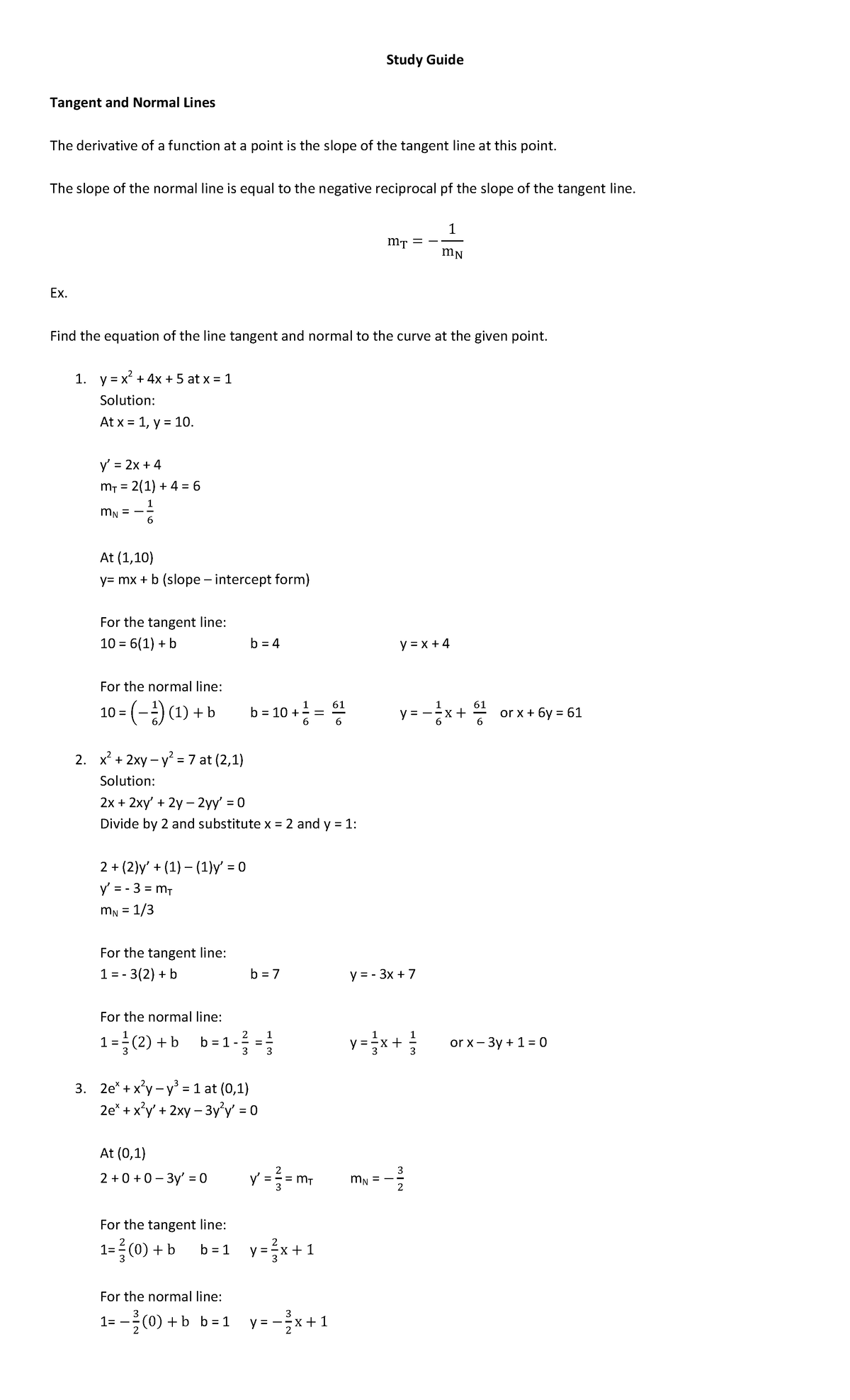 Study Guide 9 - Study Guide Tangent and Normal Lines The derivative of ...