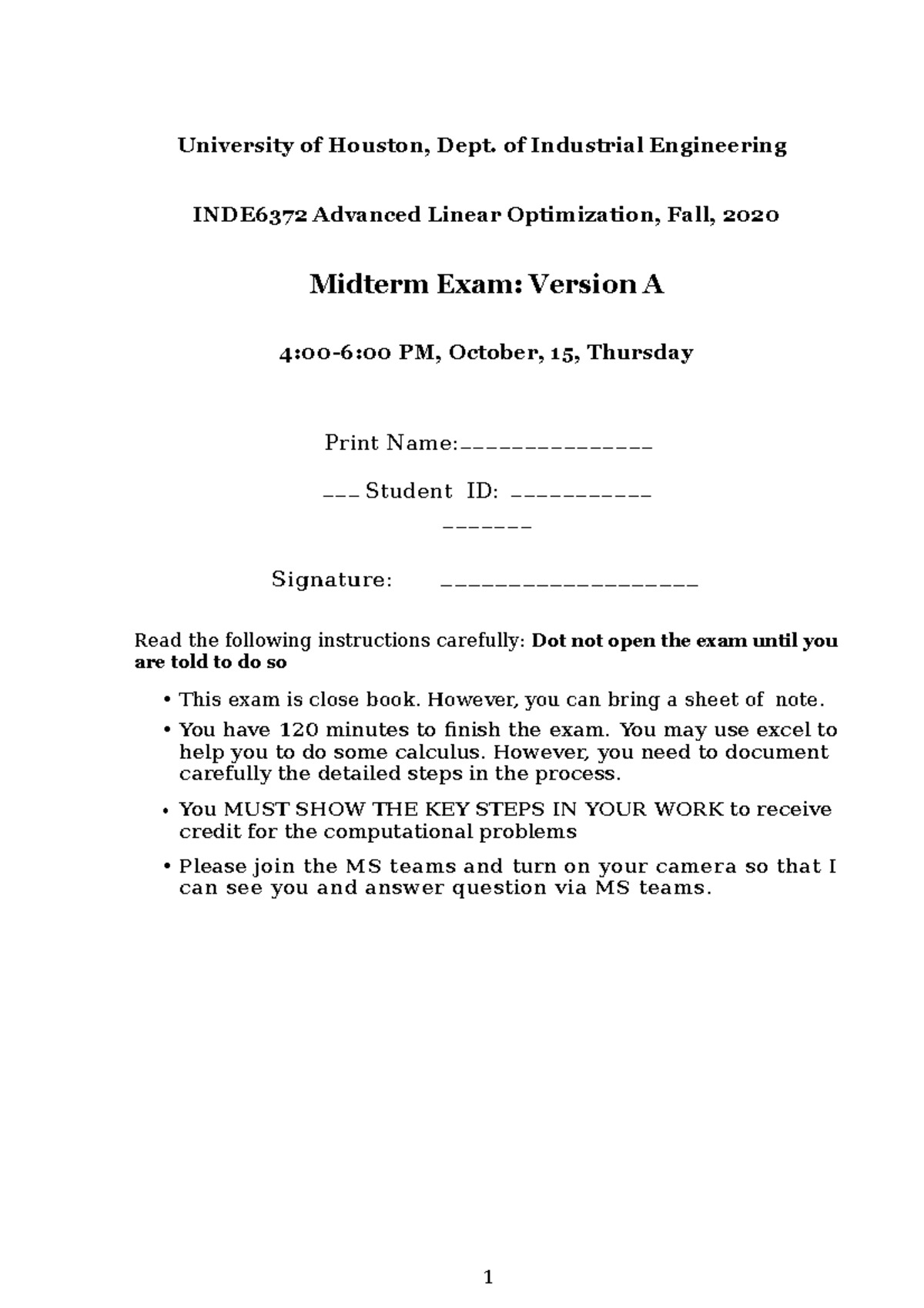 Midterm Exam 2020 Fall A - University of Houston, Dept. of Industrial ...