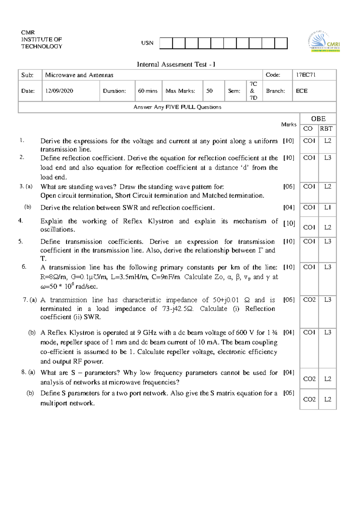 IAT-I Question Paper with Solution of 17EC71 Microwave and Antennas Sep-2020-Suganya Jeyaprakash ...