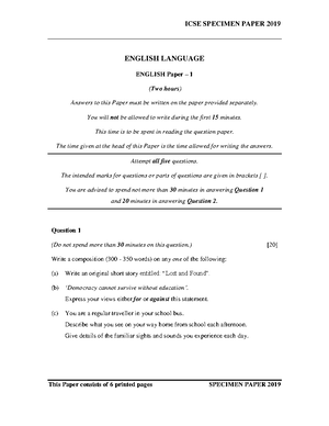 Literature in English English Paper 2 2 - ICSE SPECIMEN PAPER 2019 This ...