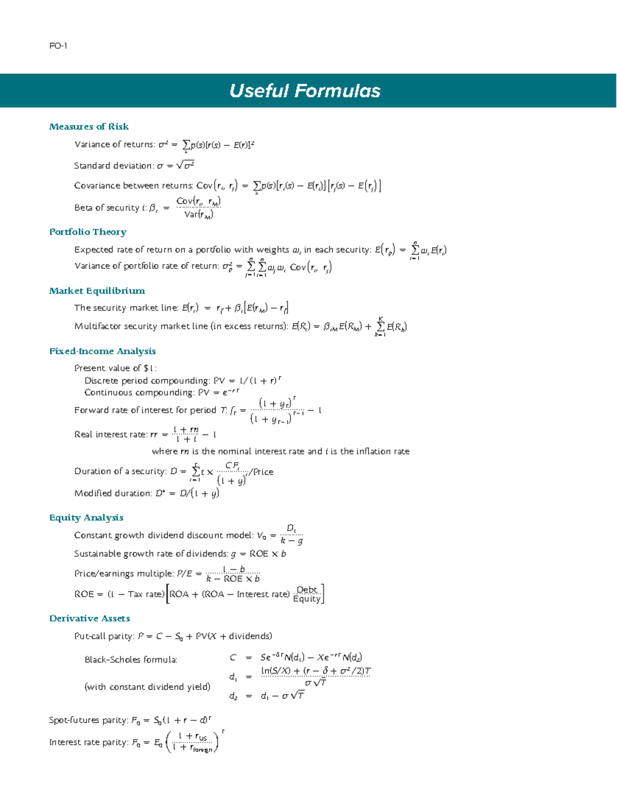Formula Sheet Portoflio Managment - FO- Measures of Risk Variance of ...