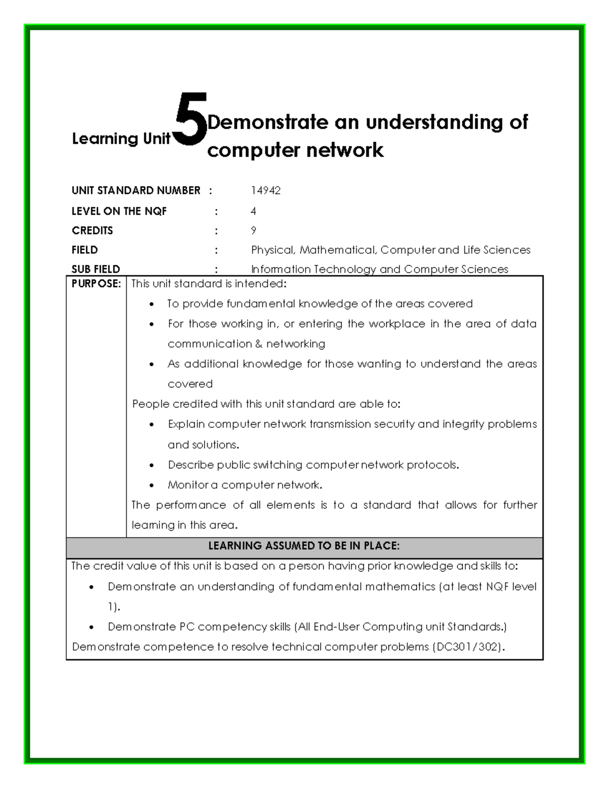 Demonstrate an understanding of computer network - Learning Unit 5 UNIT ...