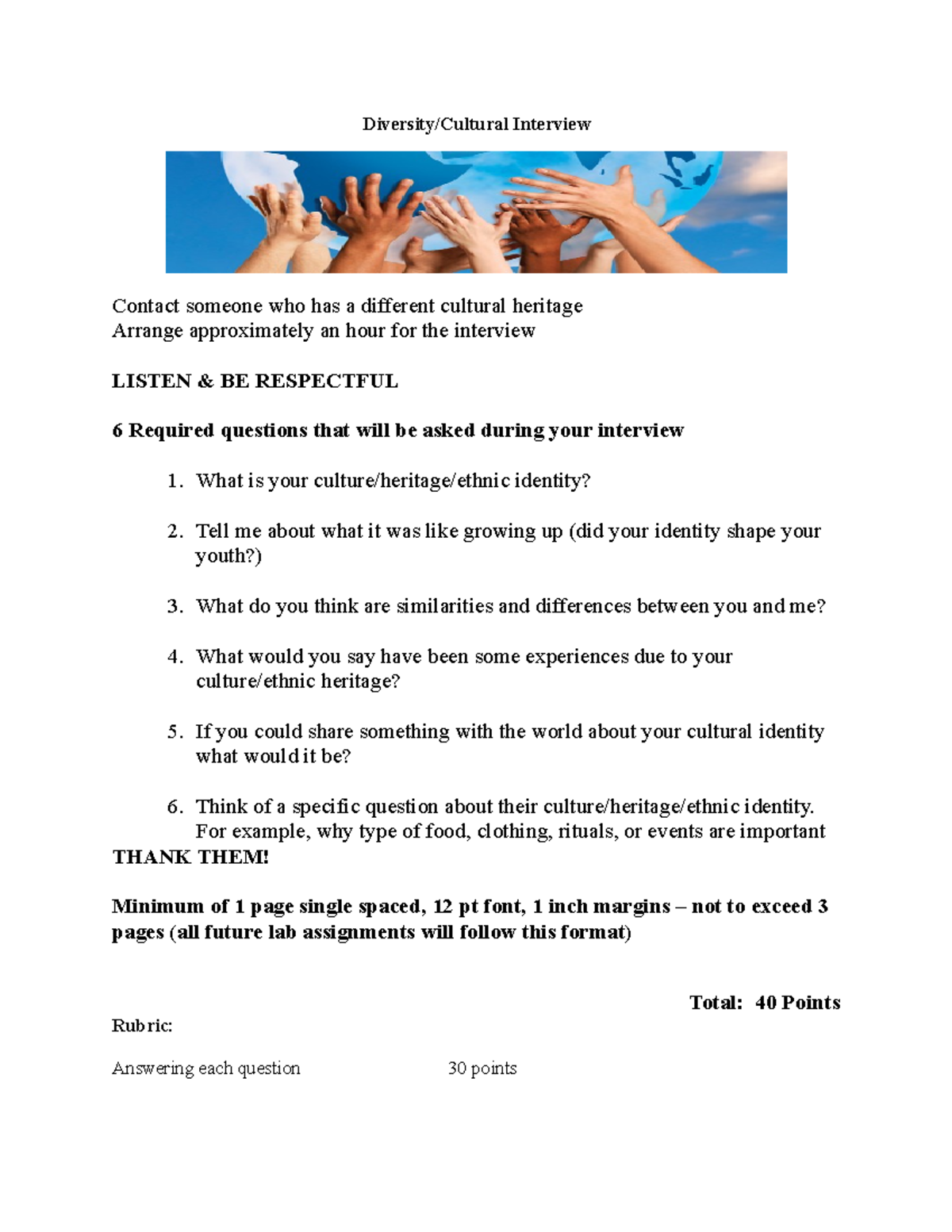HSC 106 Diversity Rubric - Diversity/Cultural Interview Contact someone ...