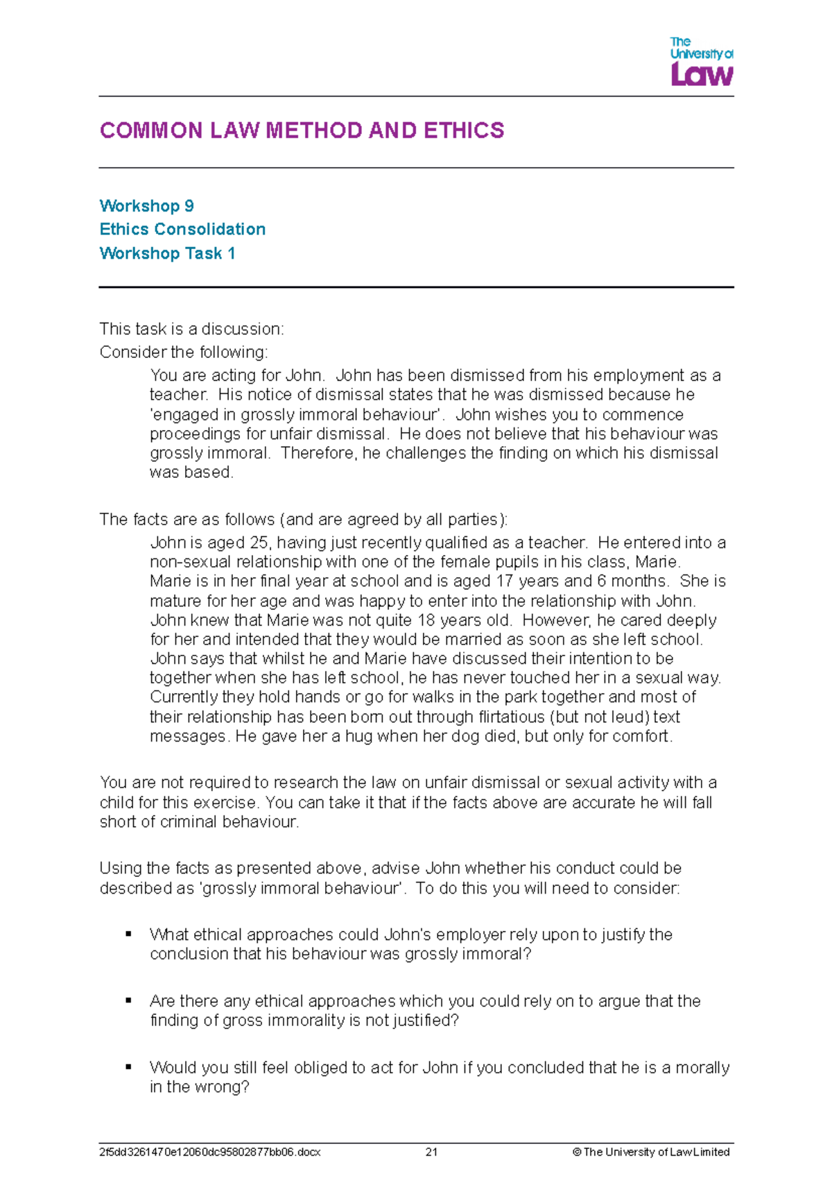 2122 clme ws09 ce01 workshop task 01 - COMMON LAW METHOD AND ETHICS ...