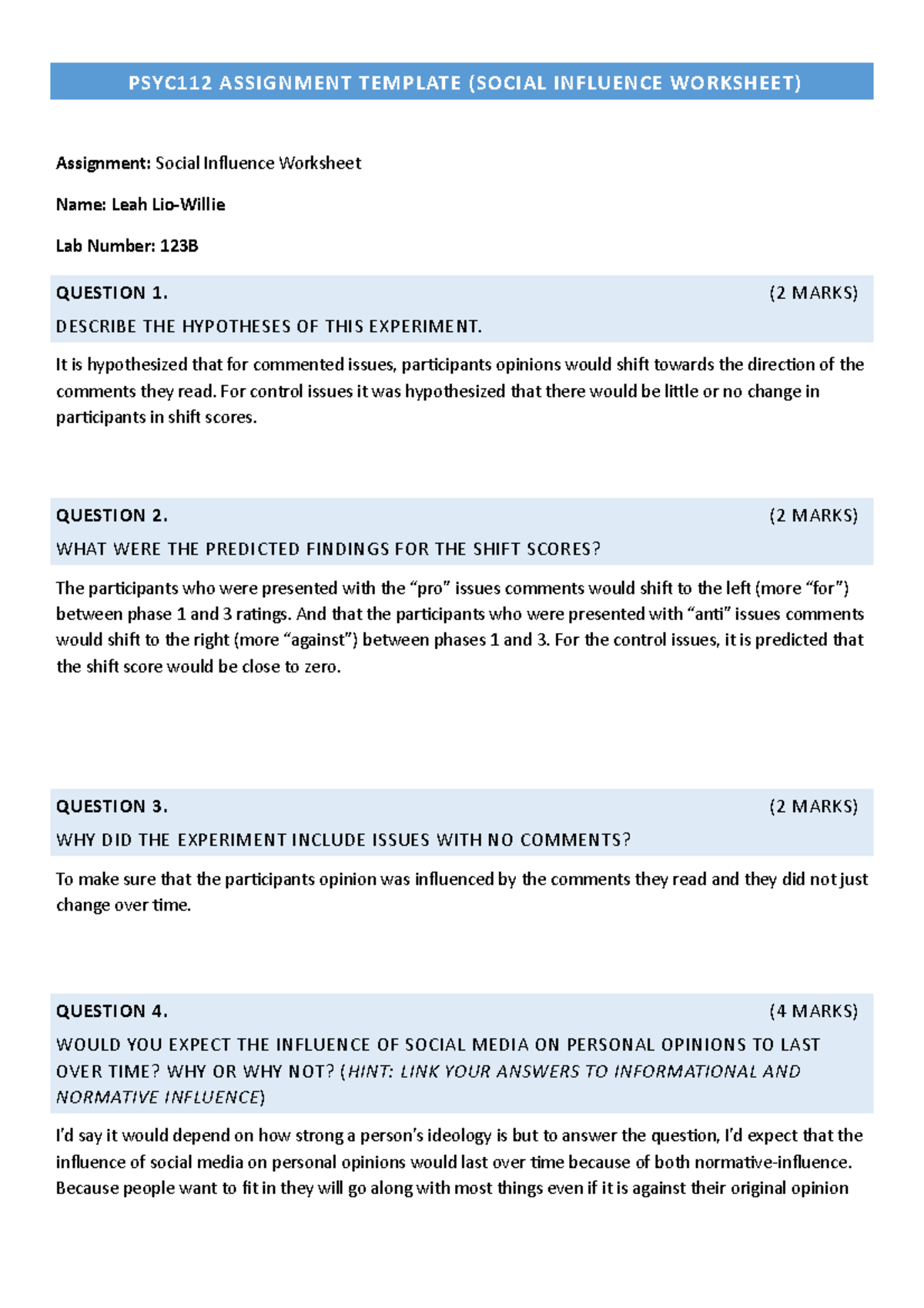 Social Influence Worksheet - PSYC112 ASSIGNMENT TEMPLATE (SOCIAL ...