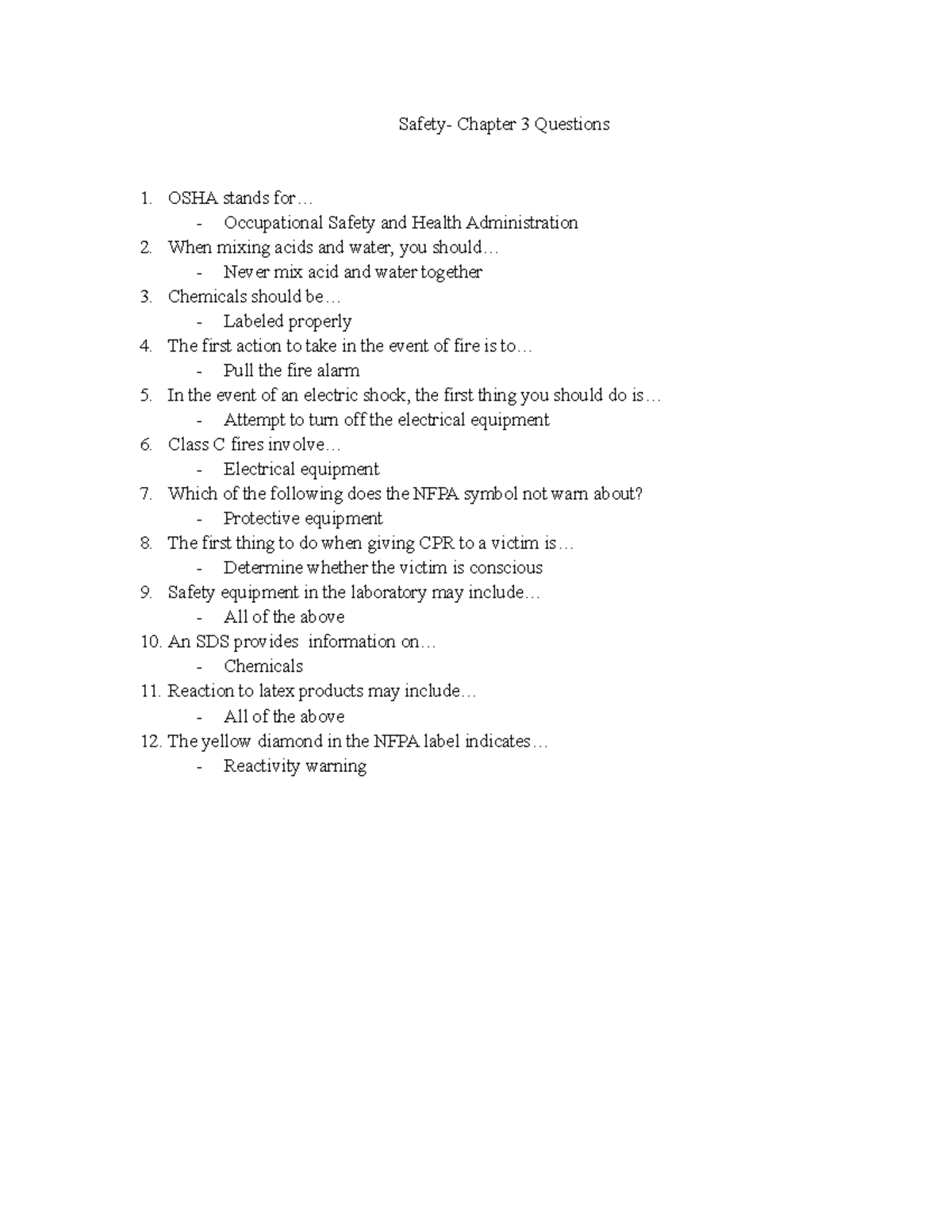 Safety- Chapter 3 questions - Safety- Chapter 3 Questions OSHA stands ...