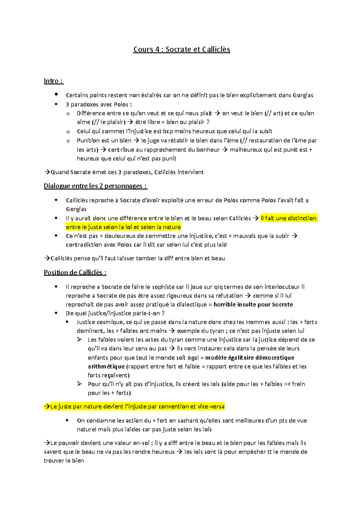 Socrate et calliclès - notes prises durant le cours - Cours 4 : Socrate ...