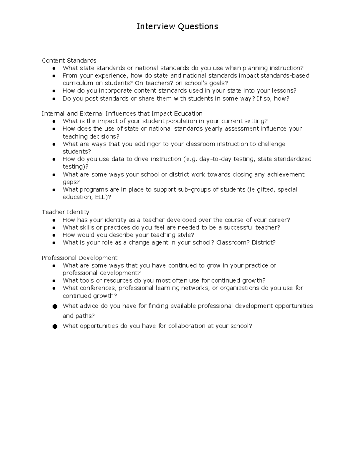 Interview Questions Task 2 Interview Questions Content Standards