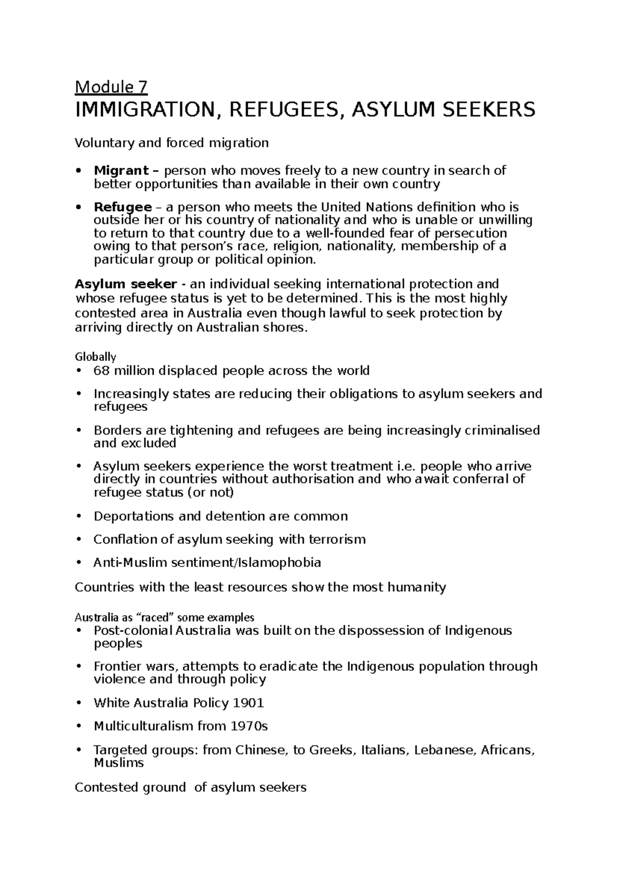 Wwcd w 7 notes - Module 7 IMMIGRATION, REFUGEES, ASYLUM SEEKERS ...