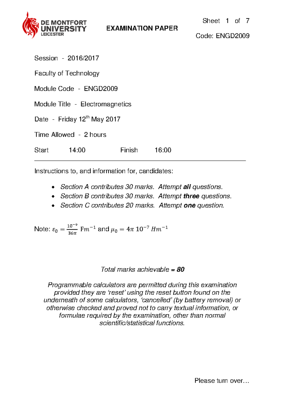 ENGD2009 2017 Exam - Sheet 1 of 7 EXAMINATION PAPER Code: ENGD Session ...