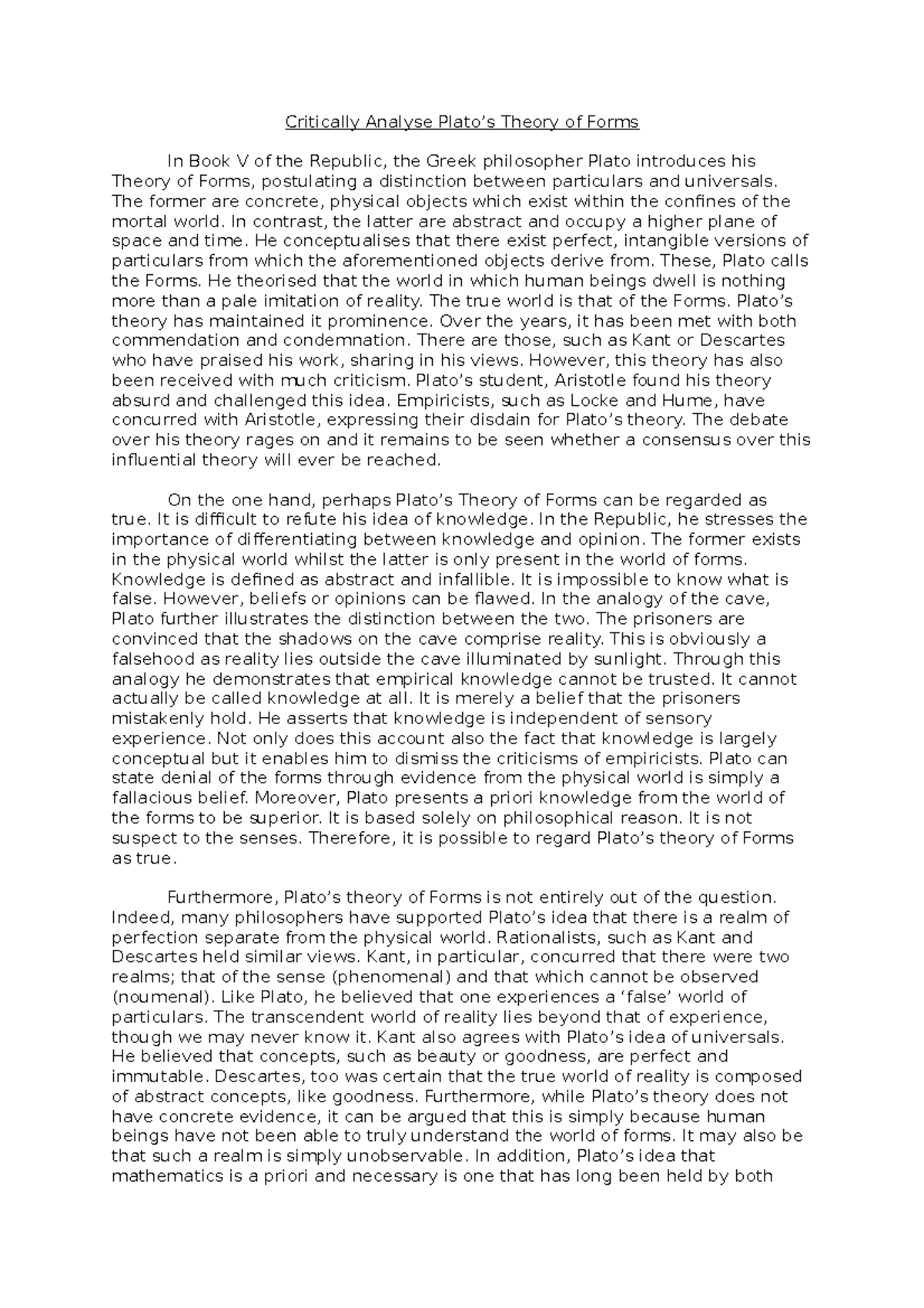 Critically Analyse Plato - The former are concrete, physical objects ...