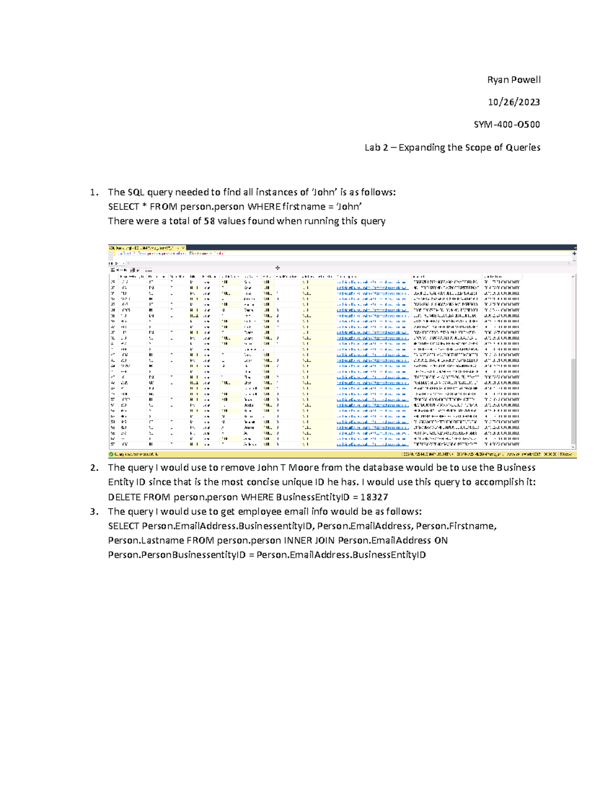 Lab 2 - Expanding the Scope of Queries - Ryan Powell 10/26/ SYM-400-O Lab 2 – Expanding the ...