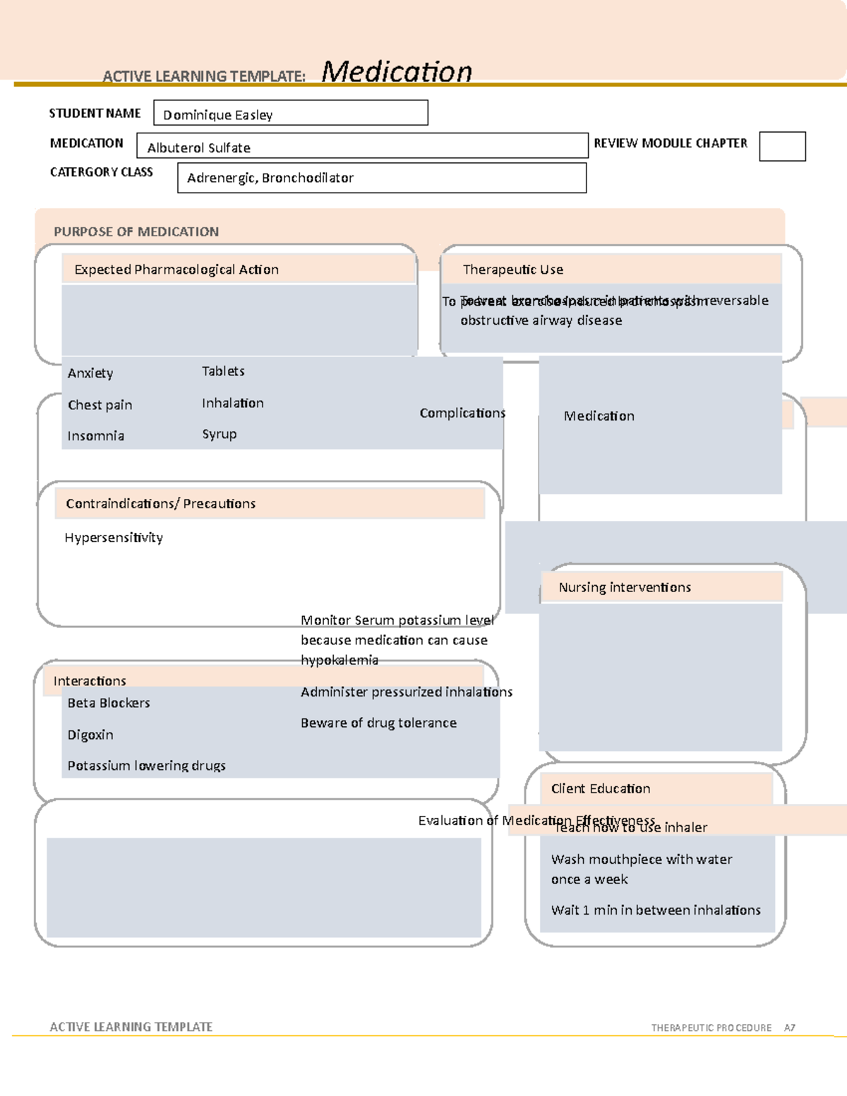 Albuterol - N/A - ACTIVE LEARNING TEMPLATE: Medication STUDENT NAME ...