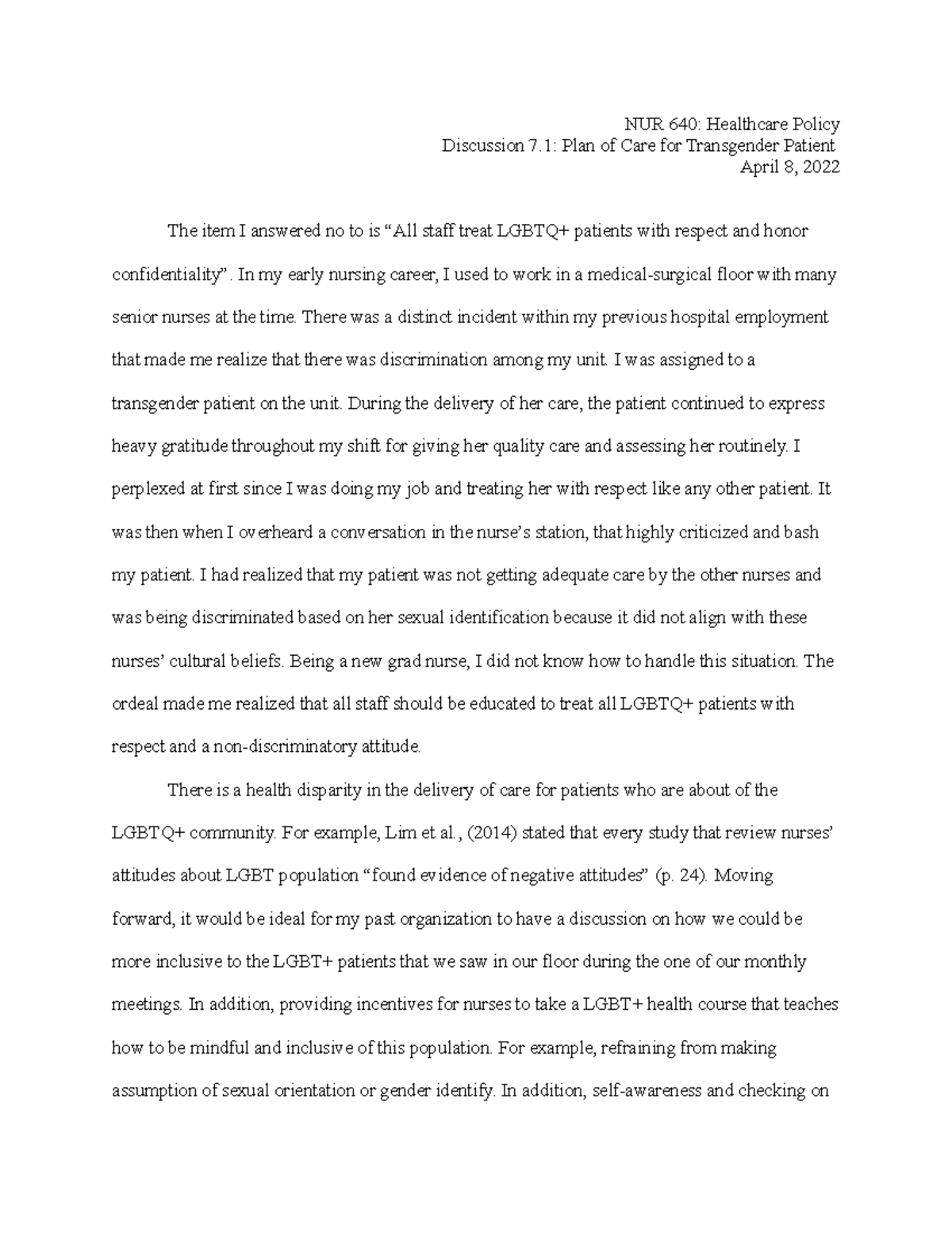 Discussion 7.1- Plan of Care for Transgender Patient - NUR 640 ...
