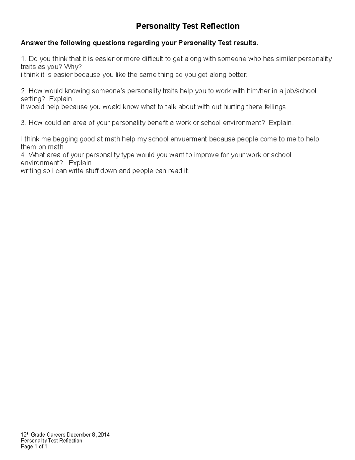 Copy of Pre Personality Test - Personality Test Reflection Answer the ...